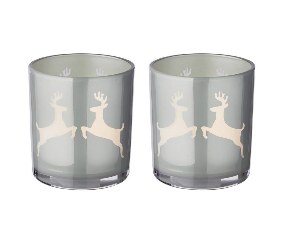 Edzard Windlicht Loki 2er Set Glas Hirsch Motiv Grau H 8 Cm Ø 7
