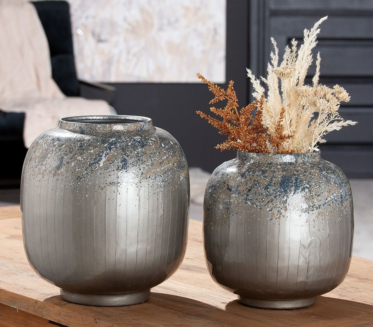 Gilde Dekoobjekt Metall Vase Lavera In Grau Metallic Blau Und Beige