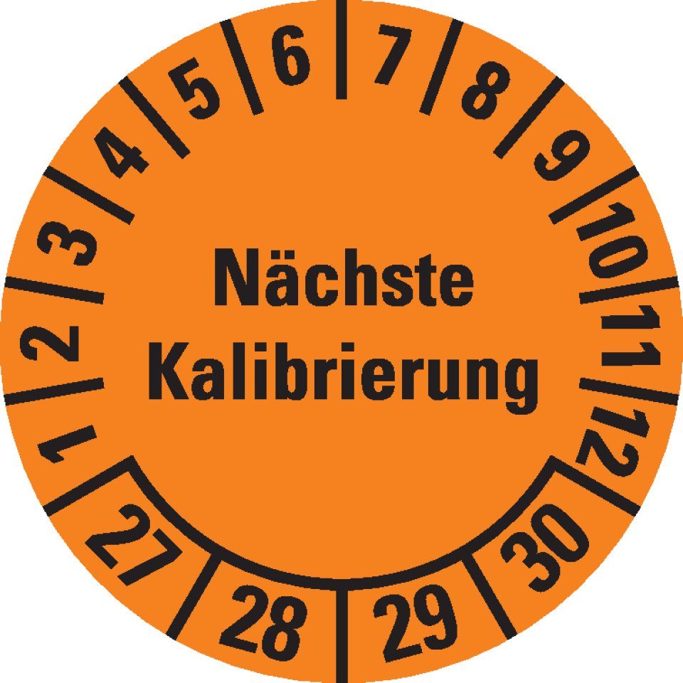 Dreifke Hinweisschild Dreifke® Prüfplakette Nächste Kalibrierung 27-30,orange,Dokumentenfolie,Ø ...