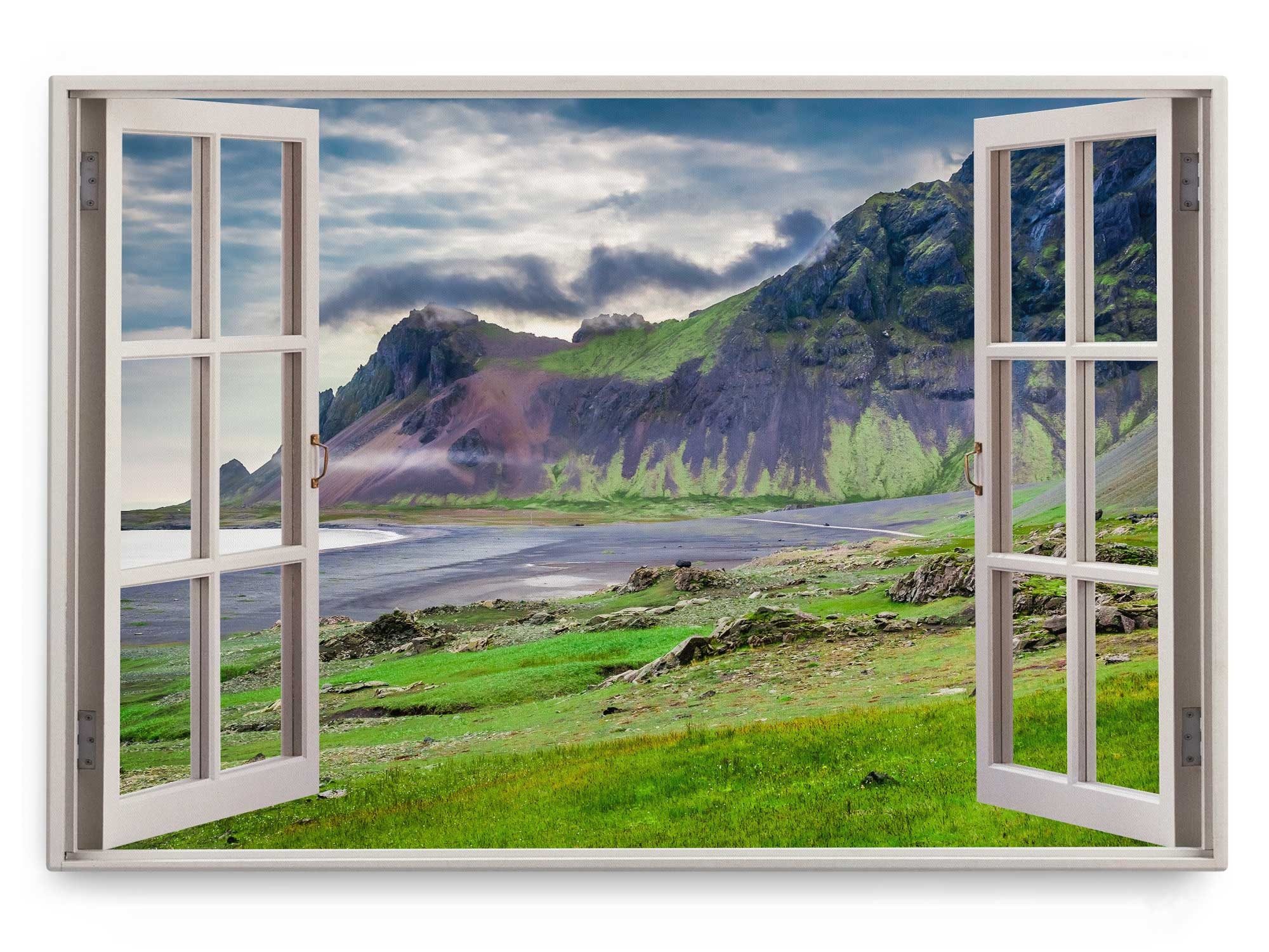 Sinus Art Leinwandbild Wandbild 120x80cm Fensterbild Küste Island Berge Grün Vulkan Natur, (1 St)