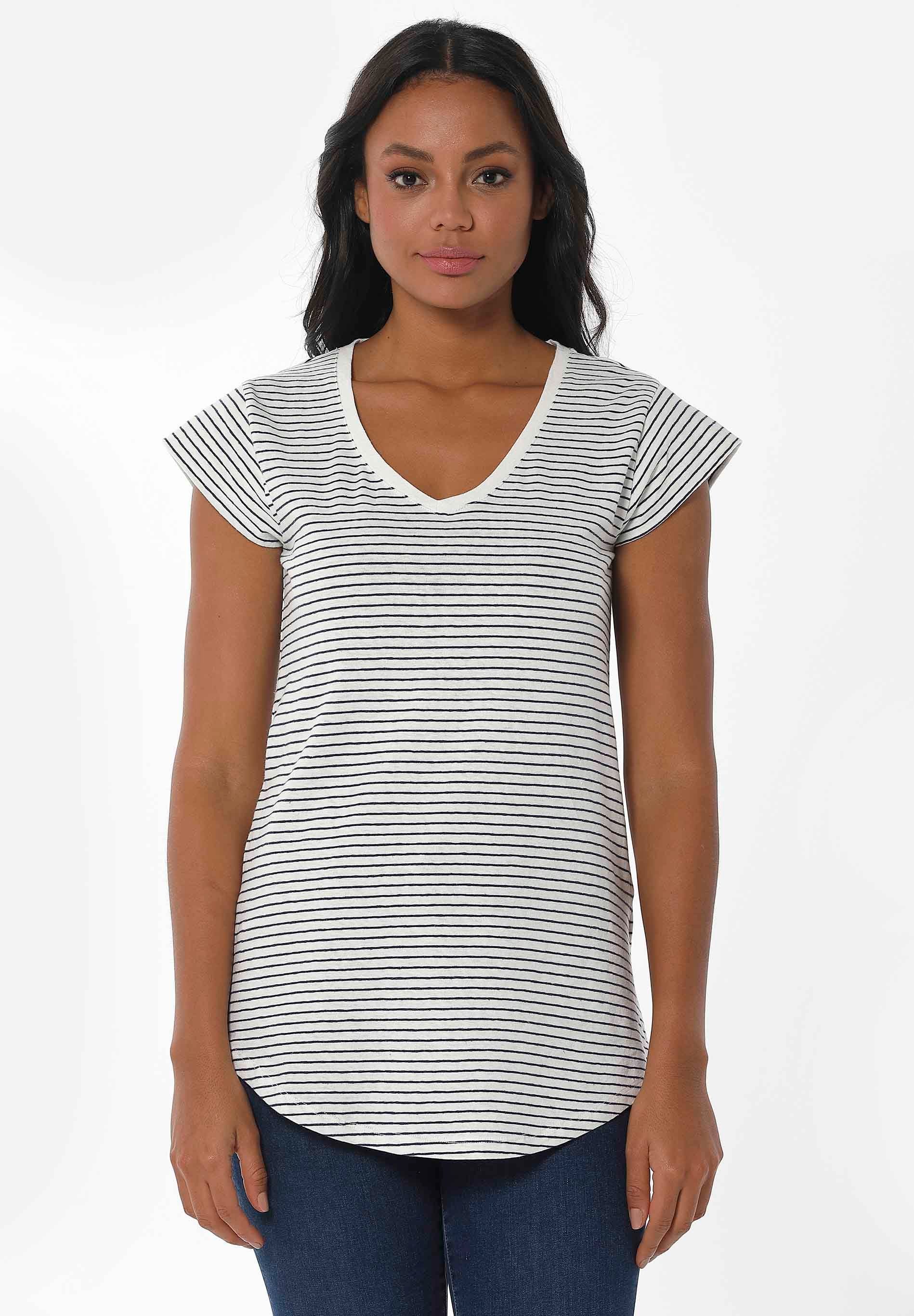 ᐅ ORGANICATION T-Shirt Women's Striped V-neck T-shirt in Off White/Navy | OTTO