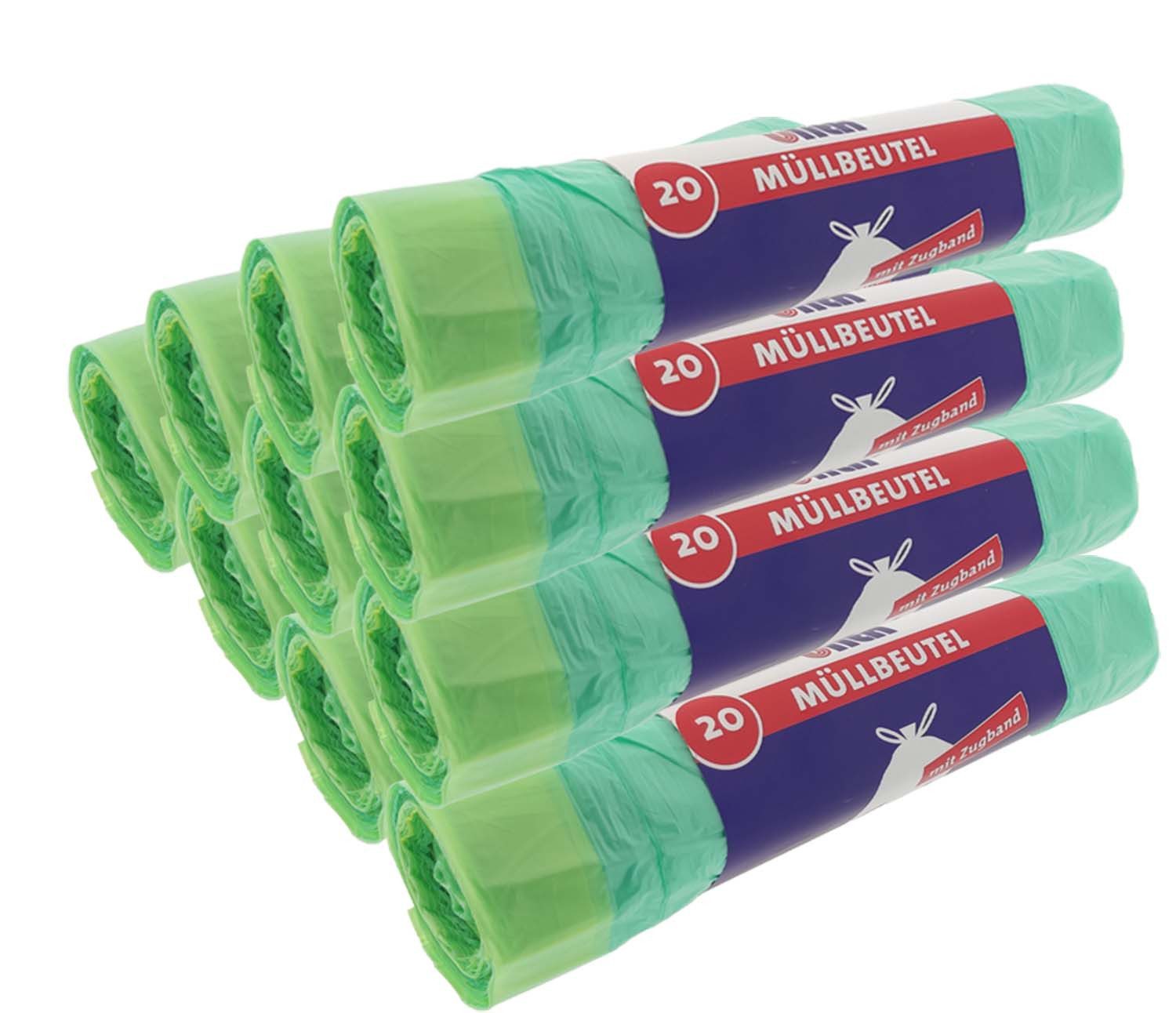 Ulith Müllbeutel 10er Set Müllbeutel 60 L grün mit Zugband, Müllsack, Mülltüte