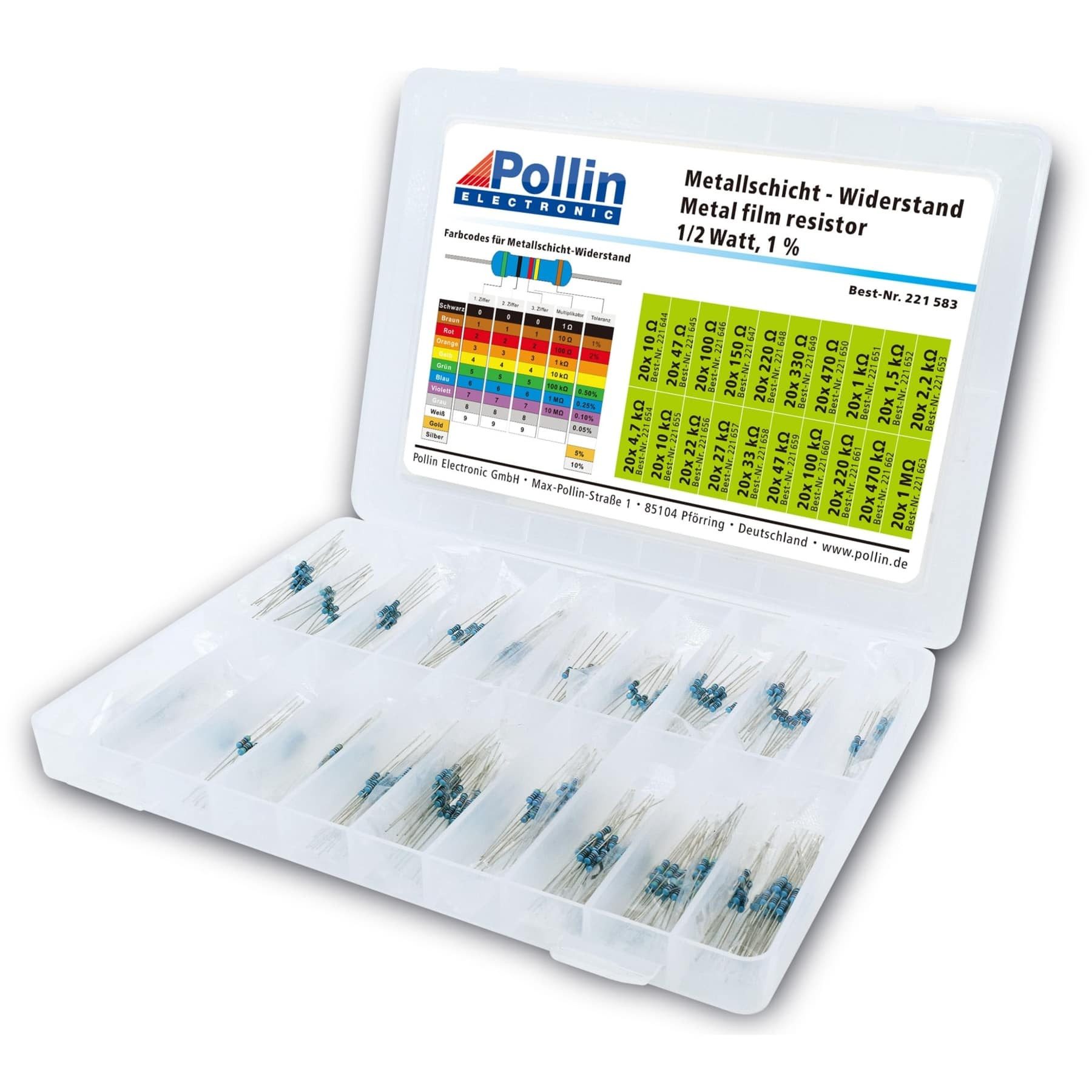 Pollin Sortimentskasten Widerstands Sortiment Metallschicht 400 Stk., 0,5