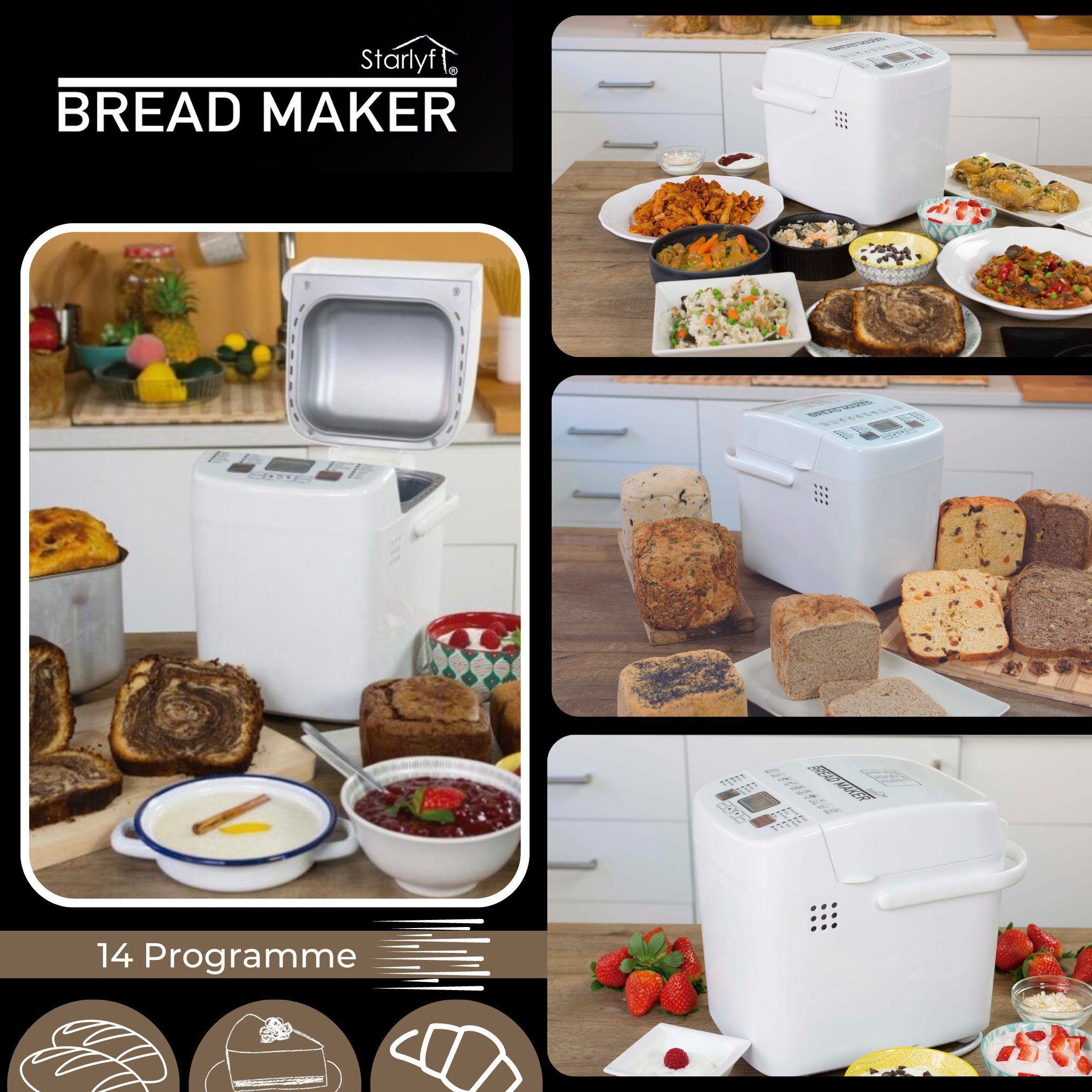 Starlyf Brotbackautomat Bread Maker, 14 Programme, 500,00 W, für 750g Brot, Timer, Joghurt ...