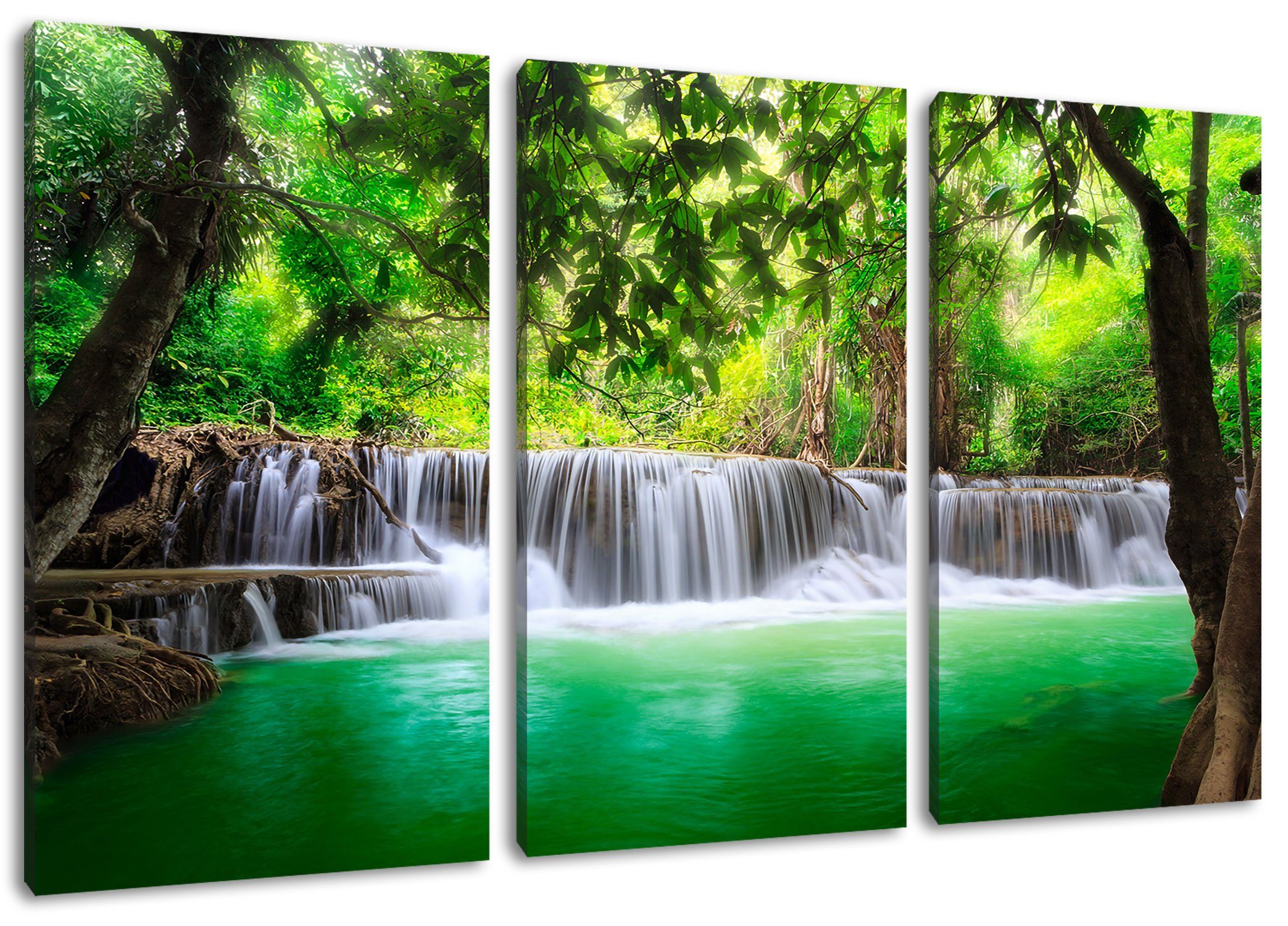 Pixxprint Leinwandbild Kleiner Wasserfall im Dschungel, Kleiner Wasserfall im Dschungel 3Teiler ...