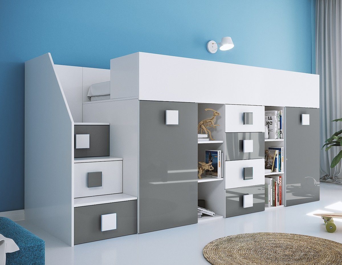 QMM TraumMöbel Hochbett Hochbett TELLY 3 mit Schreibtisch Schrank ...