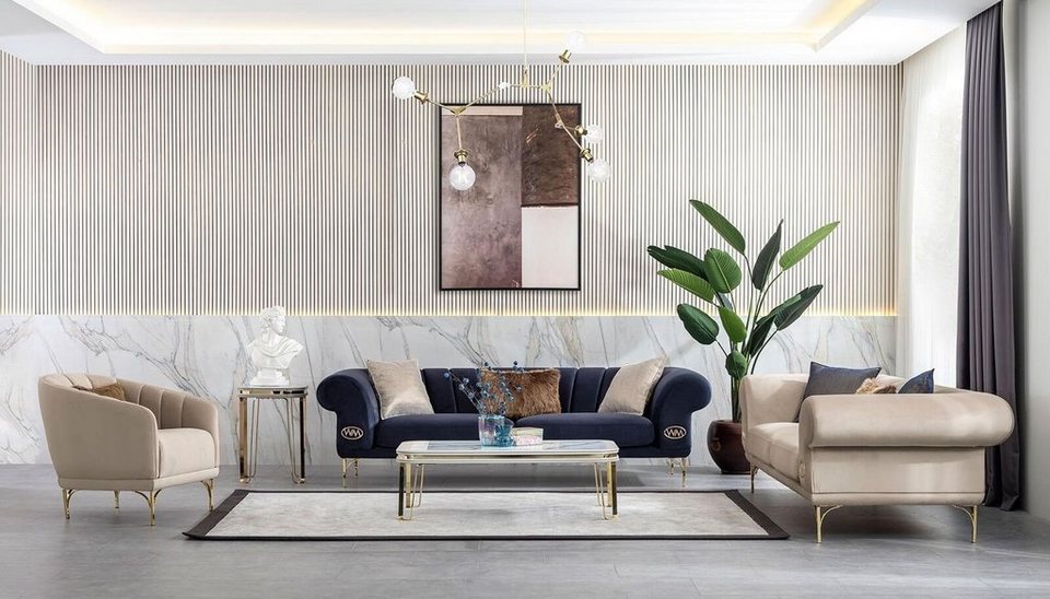 Jvmoebel Wohnzimmer Set Blau Beiges Wohnzimmer Set Luxus Sofagarnitur 3