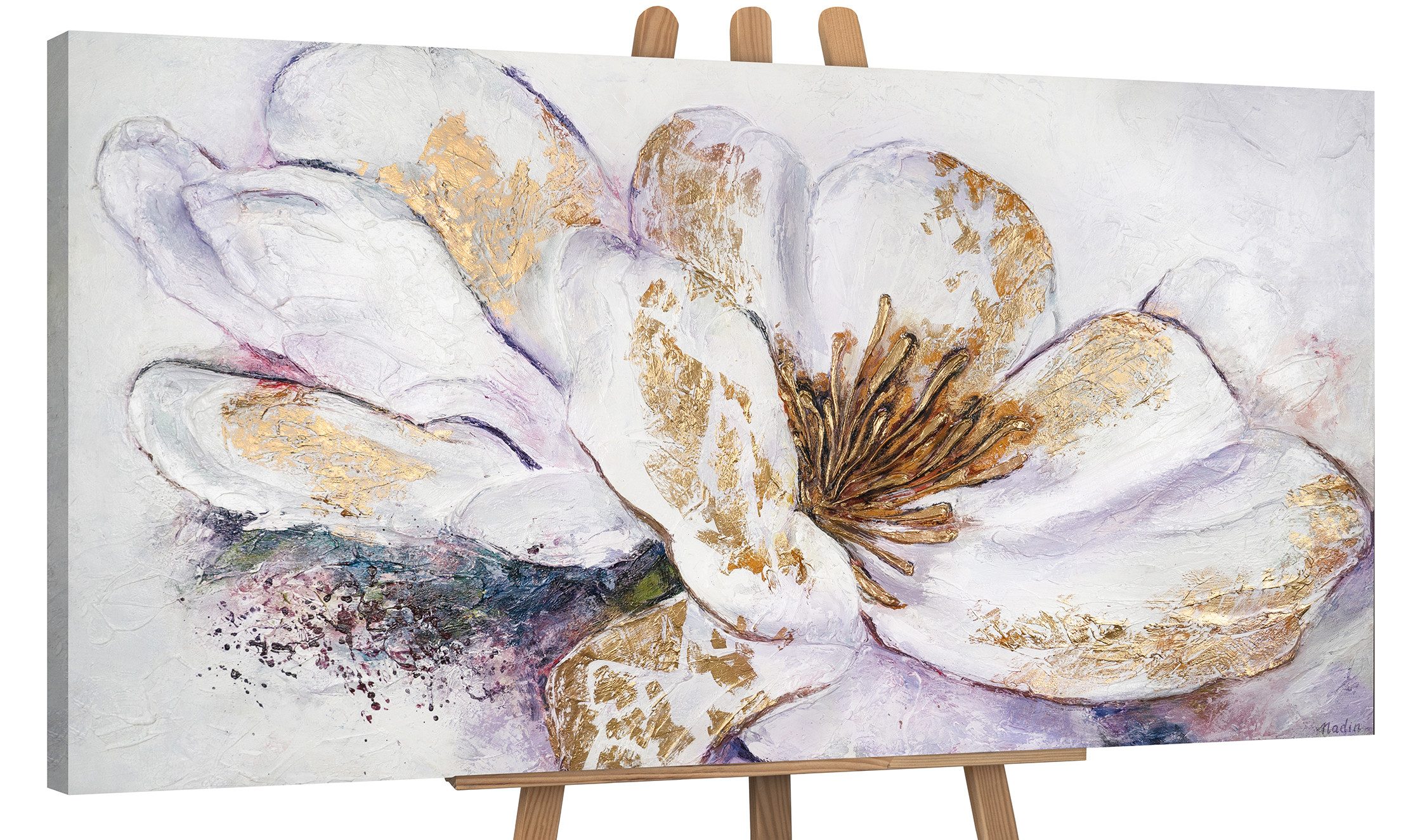 YS-Art Gemälde Goldene Pfingstrose, Blumen, Leinwand Bild Handgemalt Blumen Pfingstrosen Lila Gold