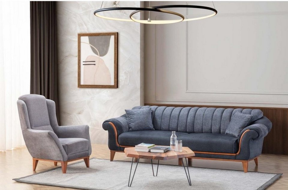 Jvmoebel Wohnzimmer Set Blau Graue Wohnzimmer Sitzgarnitur 3 Sitzer