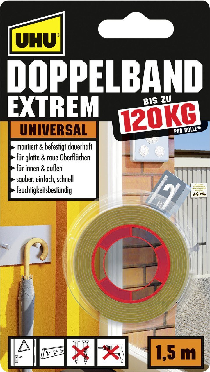 UHU Klebepad UHU Doppelband Extrem Universal 1,5 m x 19 mm, Extrem hohe Klebekraft: 120 kg/Rolle