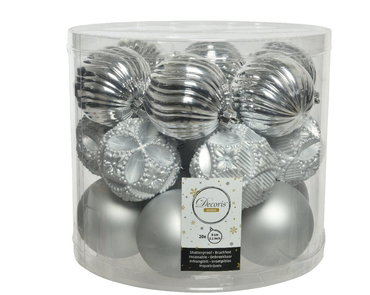 Kaemingk Weihnachtsbaumkugel, Weihnachtskugeln Kunststoff 8cm Ornamente 20er Set - Silber