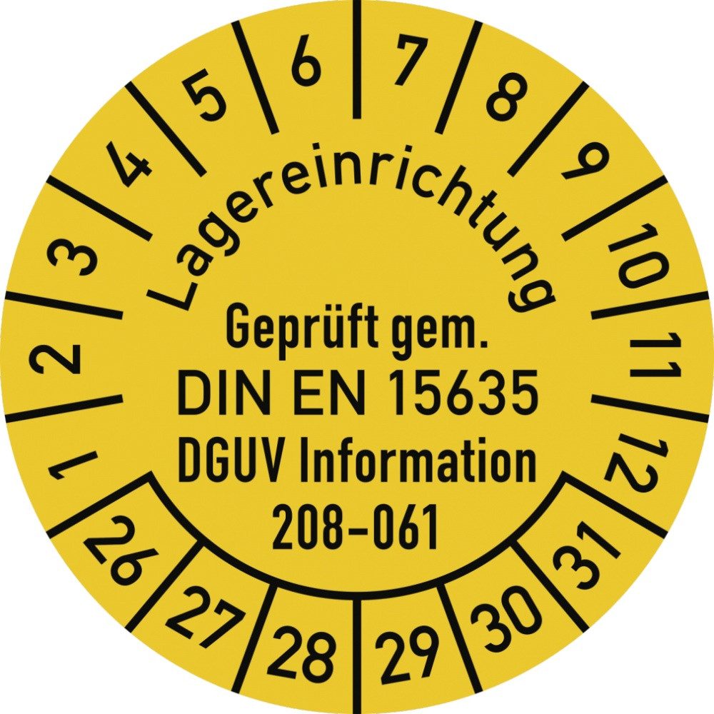 Dreifke Hinweisschild Prüfplakette DIN EN 15635 DGUV 208-061, 2026-2031,Dokumentenf.,Ø 30mm ...