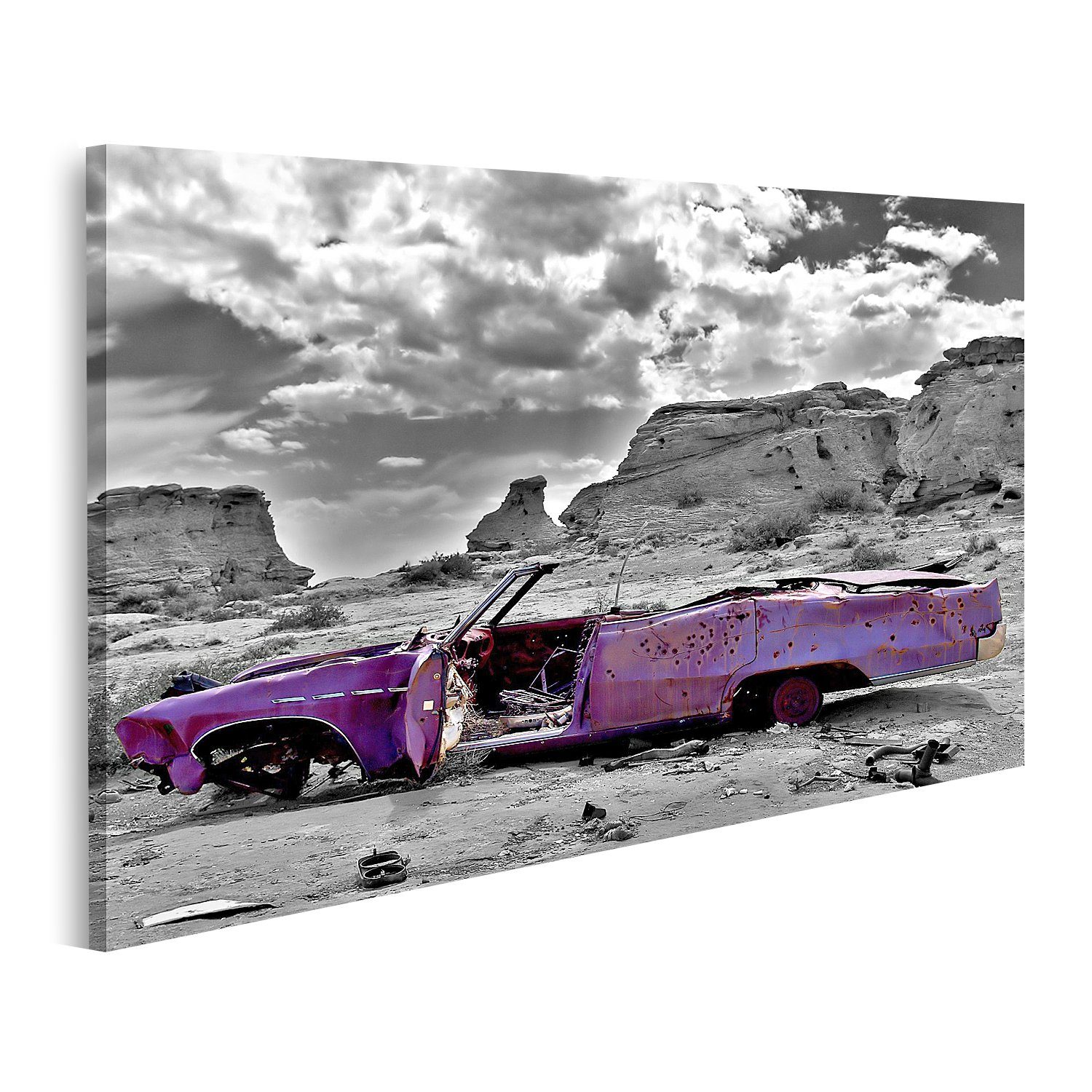 islandburner Leinwandbild Bild auf Leinwand Verlassener Cadillac in der Wüste von Arizona mit Ei