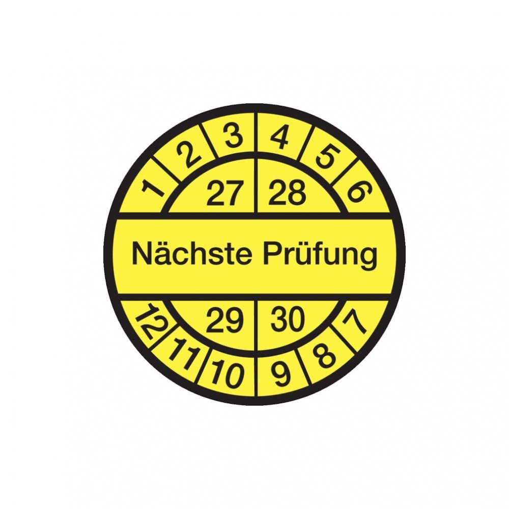 König Werbeanlagen Hinweisschild Prüfplak., Nächste Prüfung, schwarz/gelb, Folie, Ø12,5/30mm, 10 ...