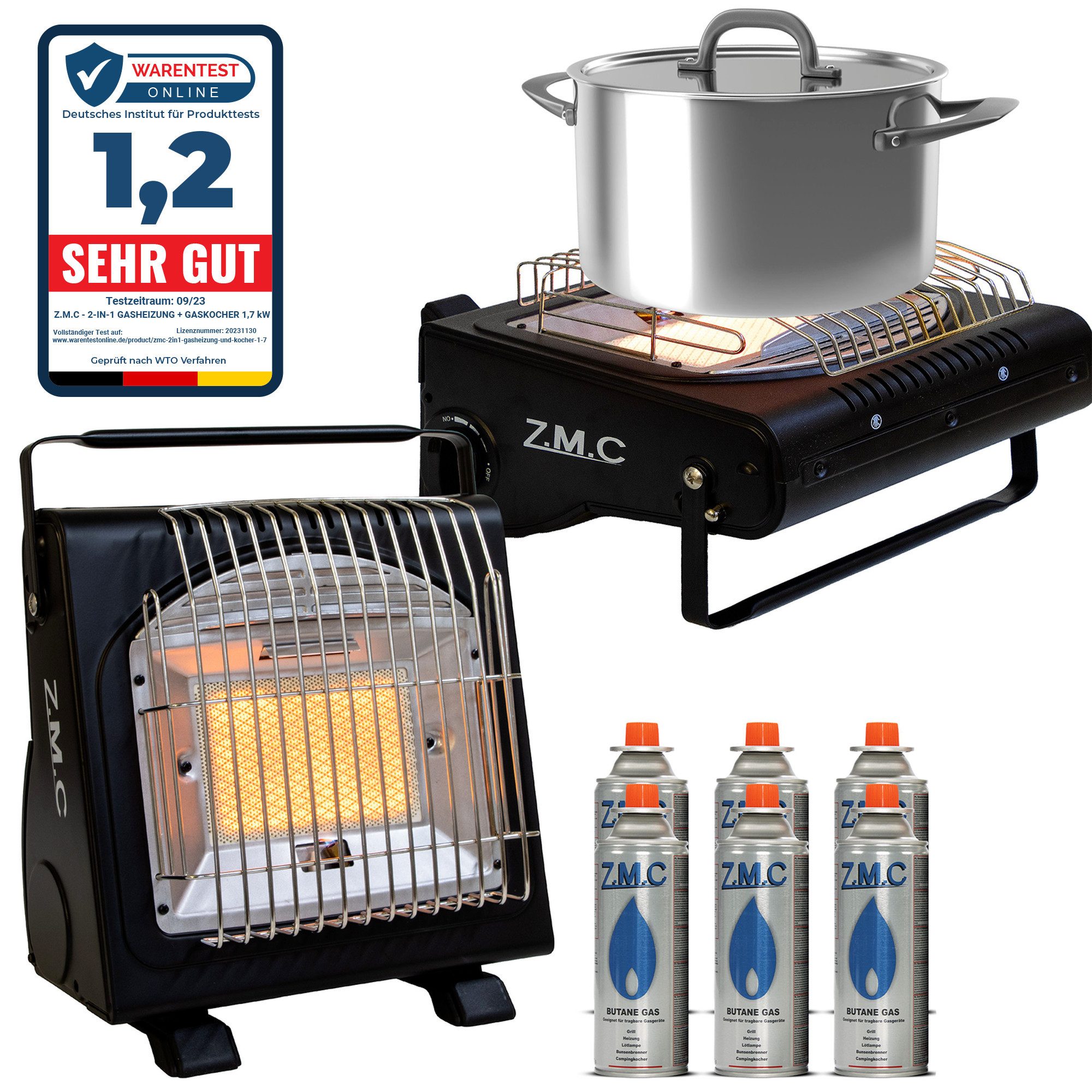 ZMC Heizstrahler 2in1 Tragbare Camping Gaskocher Gasheizung + 6x Gaskartuschen MSF-1A, 227g ...