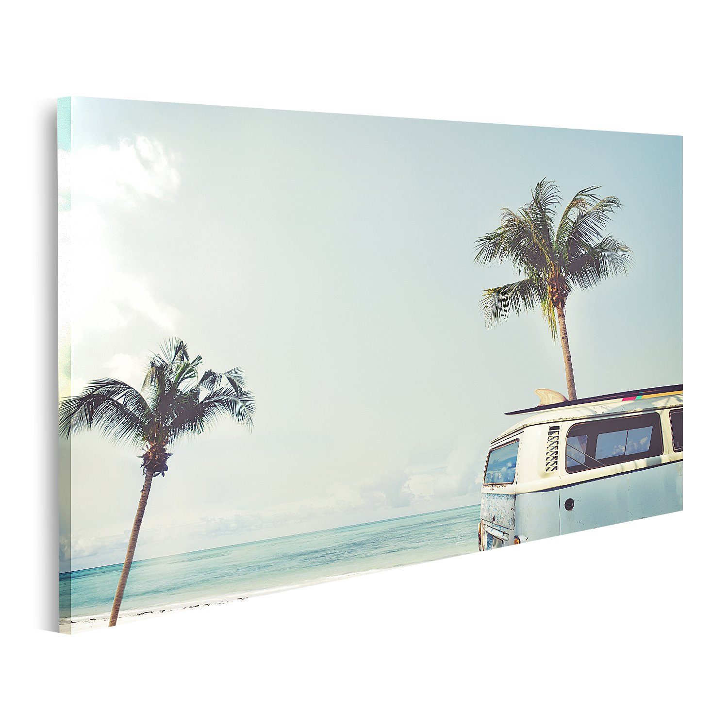 islandburner Leinwandbild »Bild auf Leinwand Surfer Bus passend Bulli T1 VW mit Surfbrett am ...