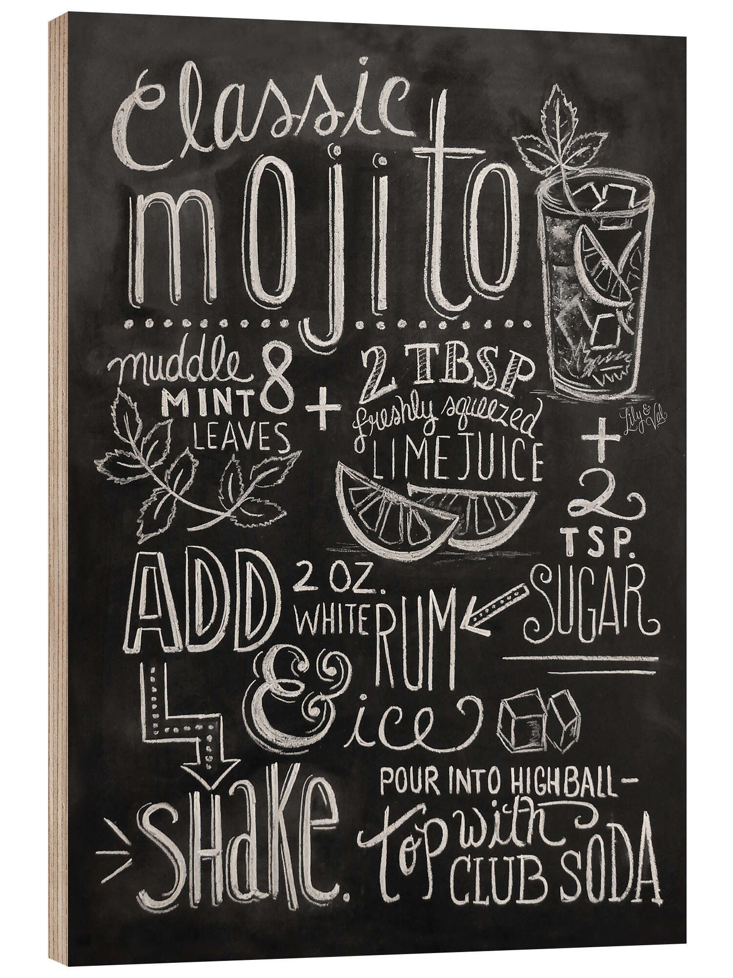 Posterlounge Holzbild Lily & Val, Mojito Rezept (Englisch), Bar Illustration