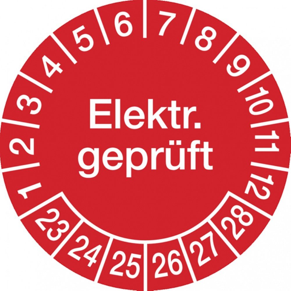 König Werbeanlagen Hinweisschild Prüfplak., Elektr. gepr., rot/weiß, Folie, Ø30mm, Spenderbox à ...
