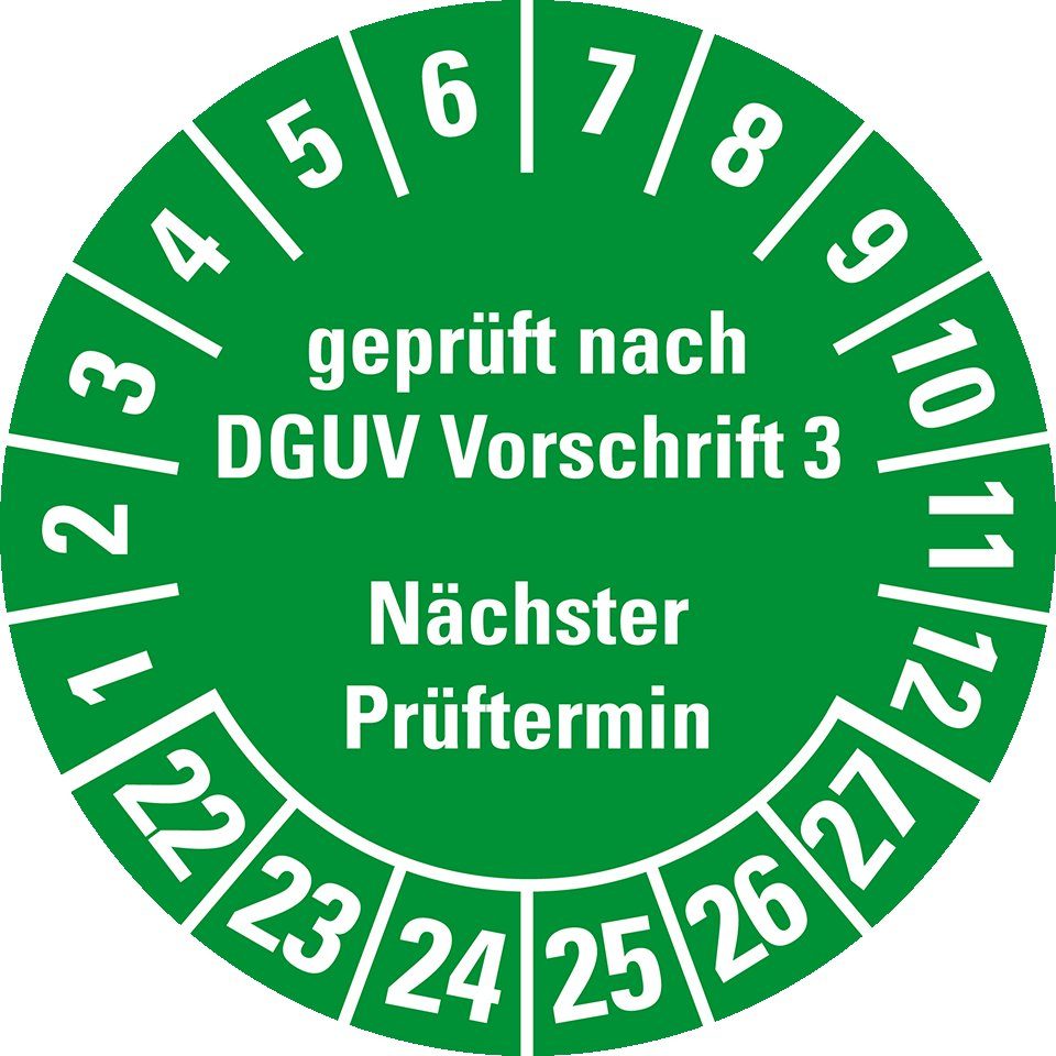 Dreifke Hinweisschild Plakette gepr. nach DGUV Vorschr. 3 Nä. PT,22-27, ablösb.,Ø 30mm,18/Bo