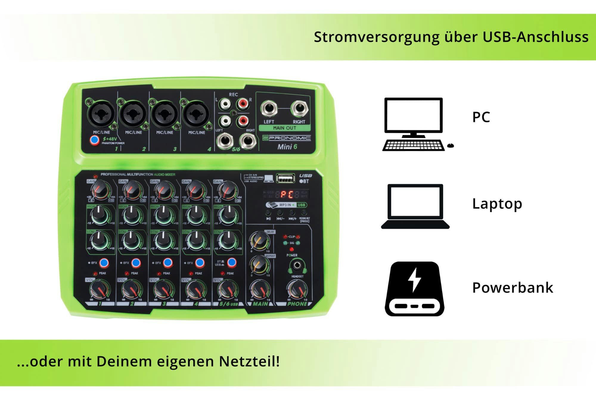 Pronomic Mischpult Mini6 USB-betriebener 6-Kanal Mixer, (2-tlg), mit ...