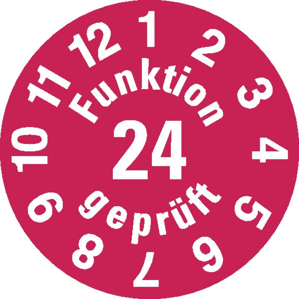 König Werbeanlagen Hinweisschild Prüfplakette Funktion gepr.24,rot,Folie,selbstkl.,Ø 15mm,60/Bogen