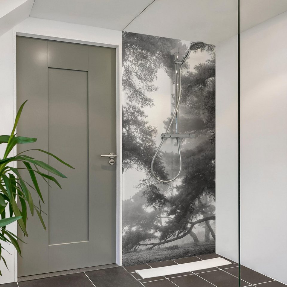 Bilderdepot24 Badrückwand Wald Schwarz Weiß Duschrückwand Ohne Bohren