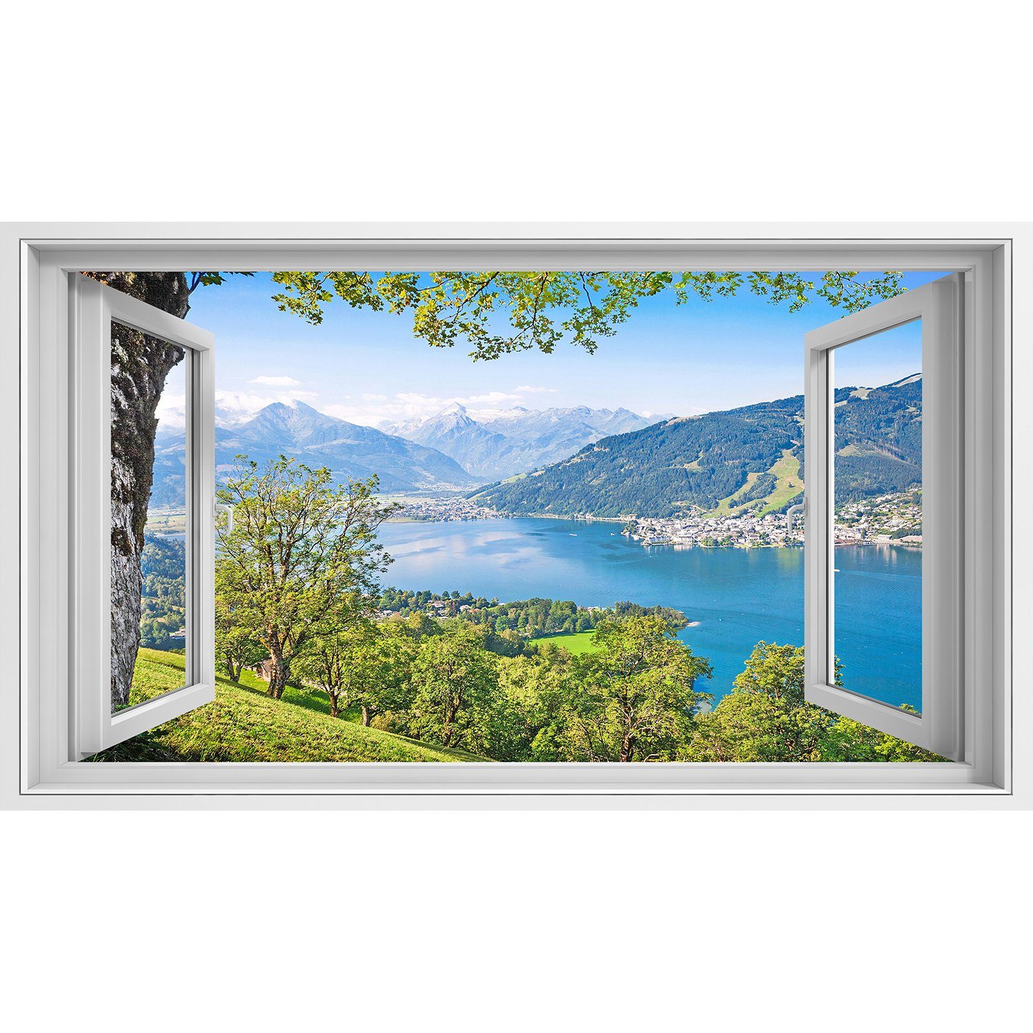 islandburner Leinwandbild Fensterblick Wunderschöne Landschaft mit Alpen und Bergsee in Zell Am