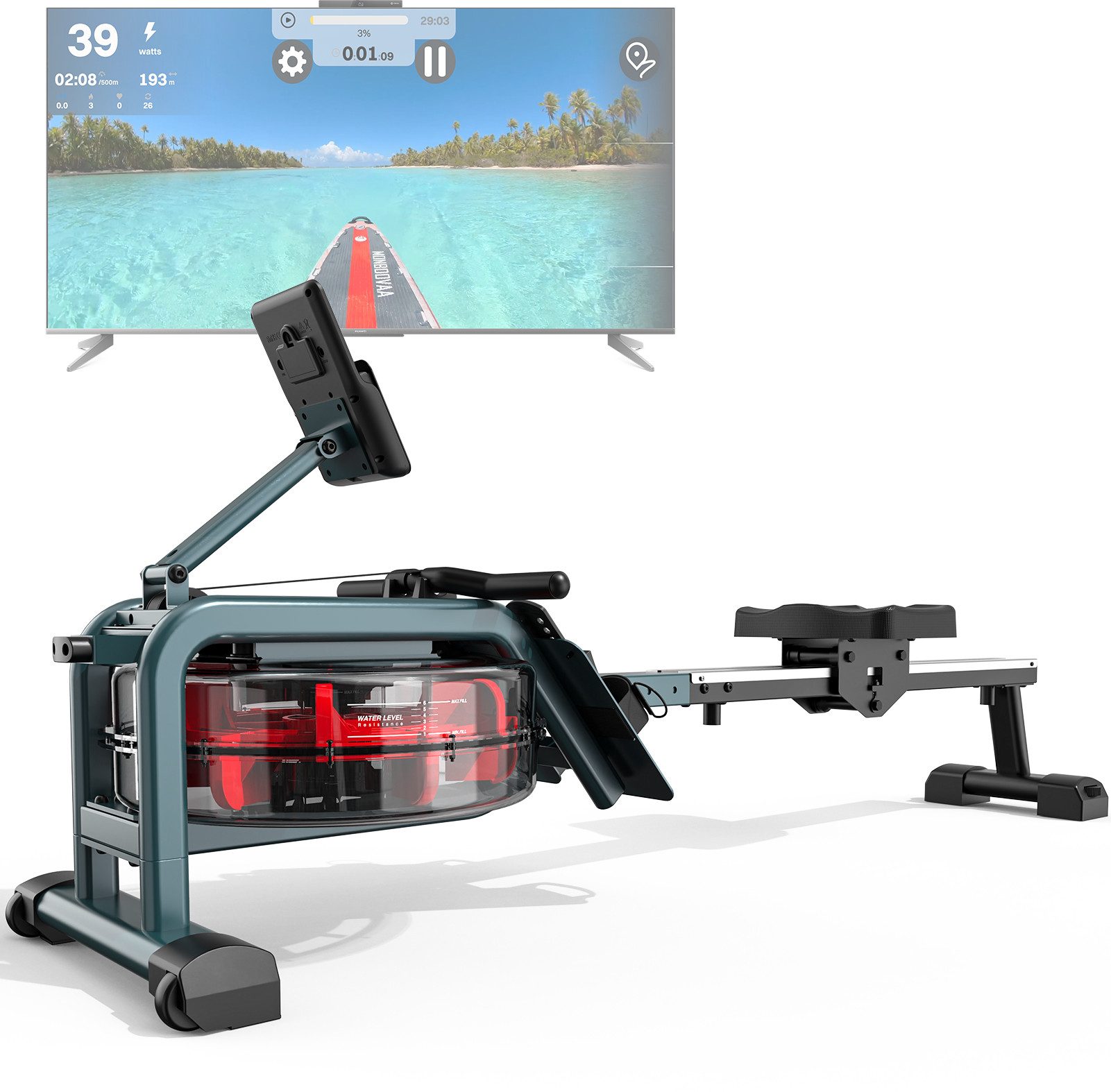 Orisyn Rudergerät Aqua Rower Mit Bluetooth Monitor Und Tablet Halter