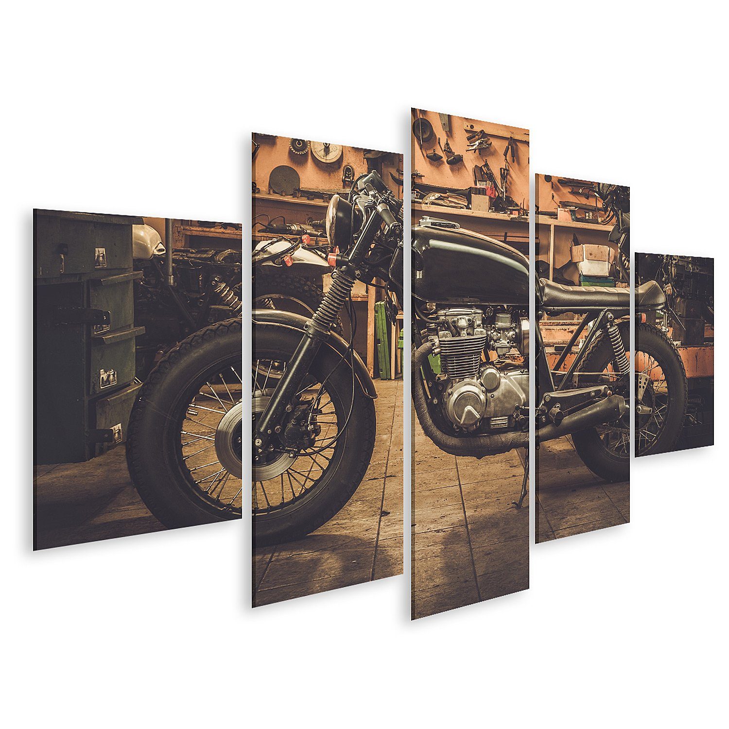 islandburner Leinwandbild Bild auf Leinwand Vintage Stil Café Racer Motorrad In Zollhaus 170x80
