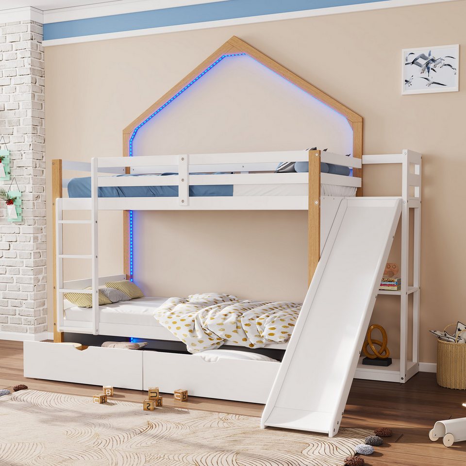 Modfu Etagenbett Holzbett Hausbett Coole Lichtstreifen Zwei