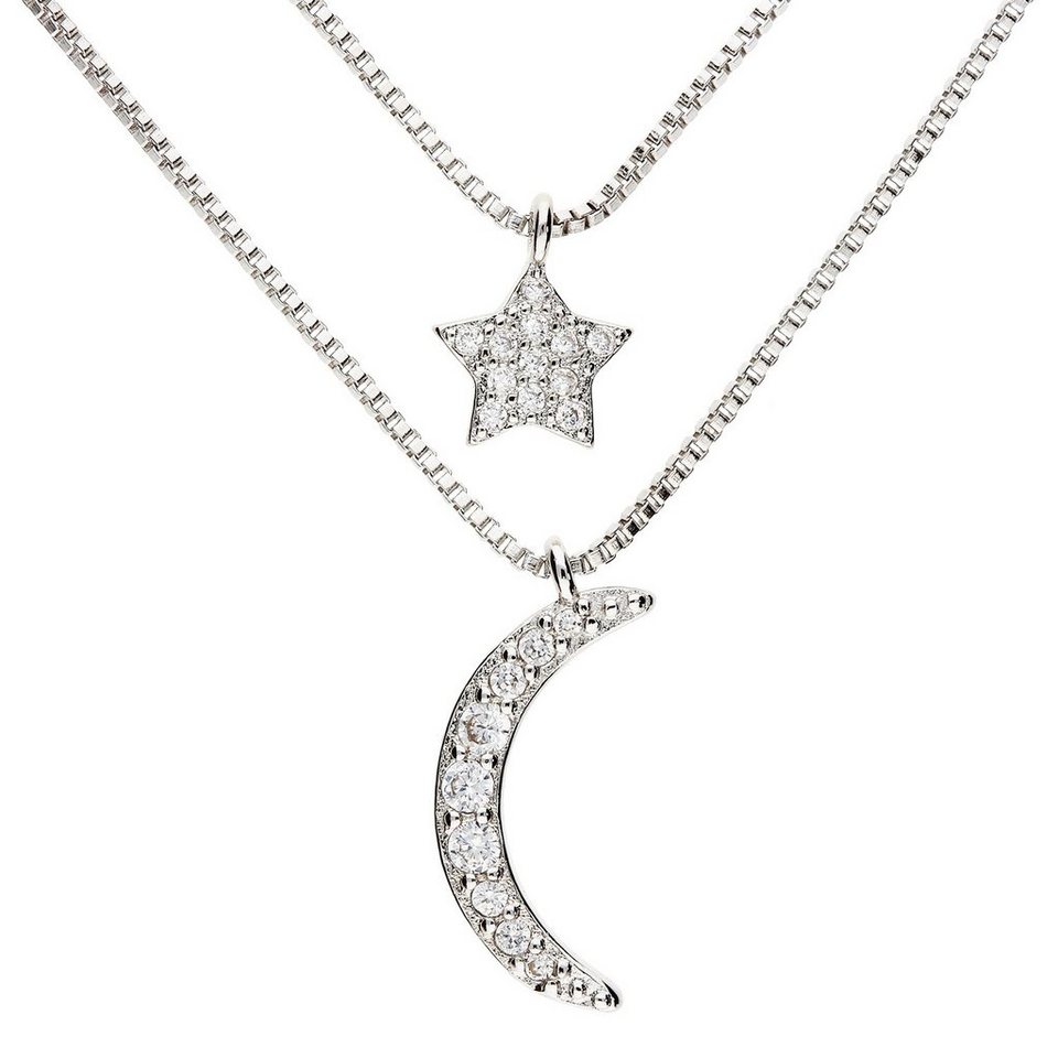 LÖB Kette mit Anhänger Silber Doppel Mehrreihige Halskette Stern Mond ... LÖB Kette mit Anhänger Silber Doppel Mehrreihige Halskette Stern Mond ...