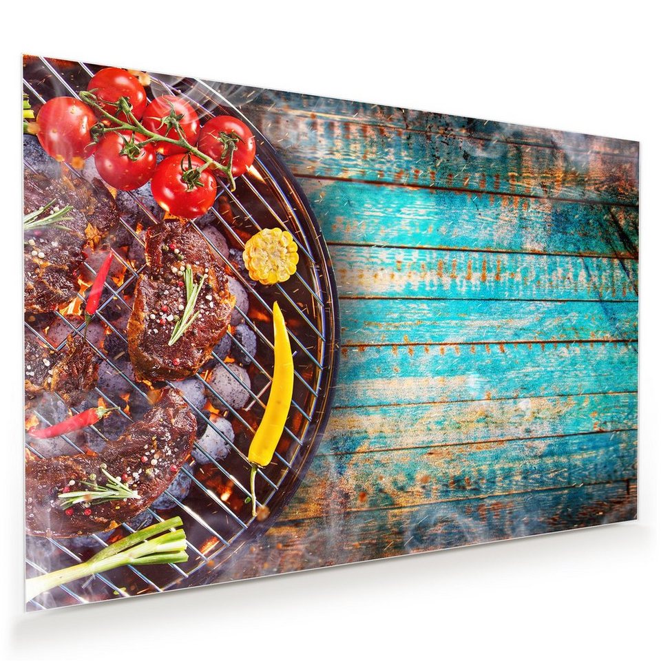 Primedeco Glasbild Wandbild Fleisch auf Grill mit Aufhängung, Speisen Primedeco Glasbild Wandbild Fleisch auf Grill mit Aufhängung, Speisen