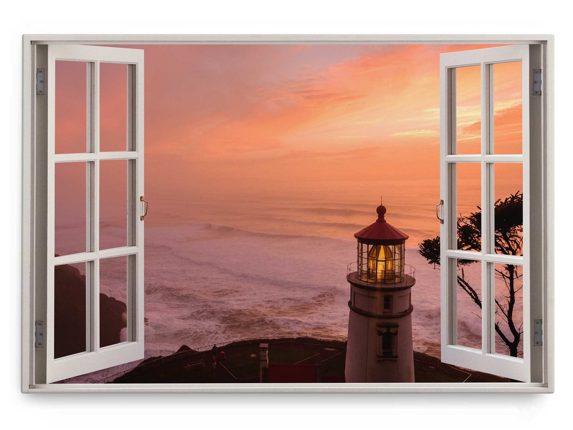 Sinus Art Leinwandbild Wandbild 120x80cm Fensterbild Meer Wellen Horizont Leuchtturm Abendrot ...