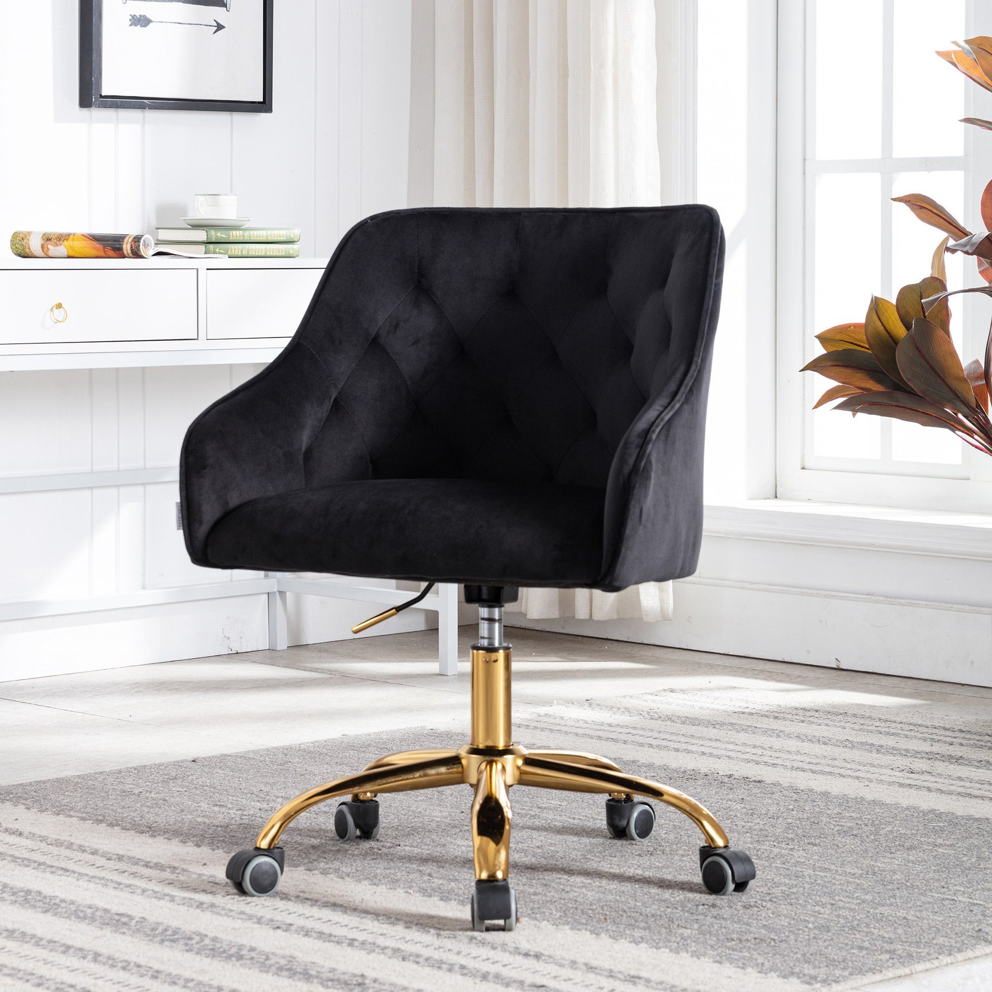 Merax Bürostuhl höhenverstellbar mit goldfarbener Basis (1 St), Drehstuhl aus Samt, Bürostuhl ...