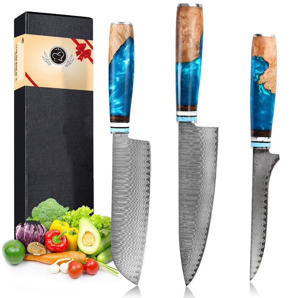 Keenzo Damastmesser 3tlg Damaststahl Küchenmesser Set Chef Santoku