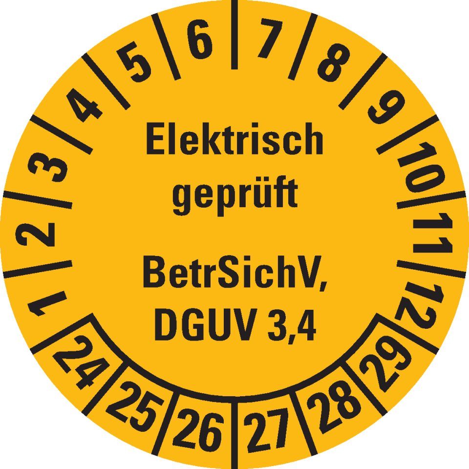 König Werbeanlagen Hinweisschild Prüfpl.Elektr.geprüft,BetrSichV,DGUV 3/4,24-29,gelb,Dokufolie ...