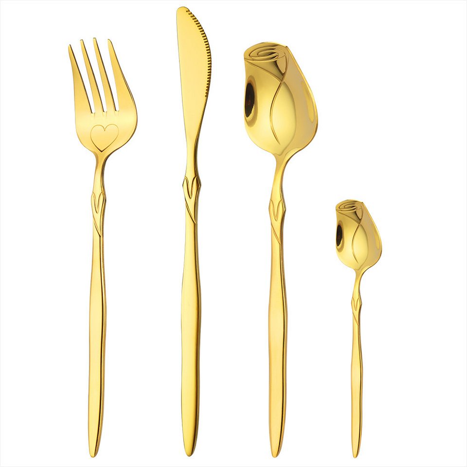 Kinglux Besteck Set 24 Teilig Gold Essbesteck Set Blütenförmiges Design