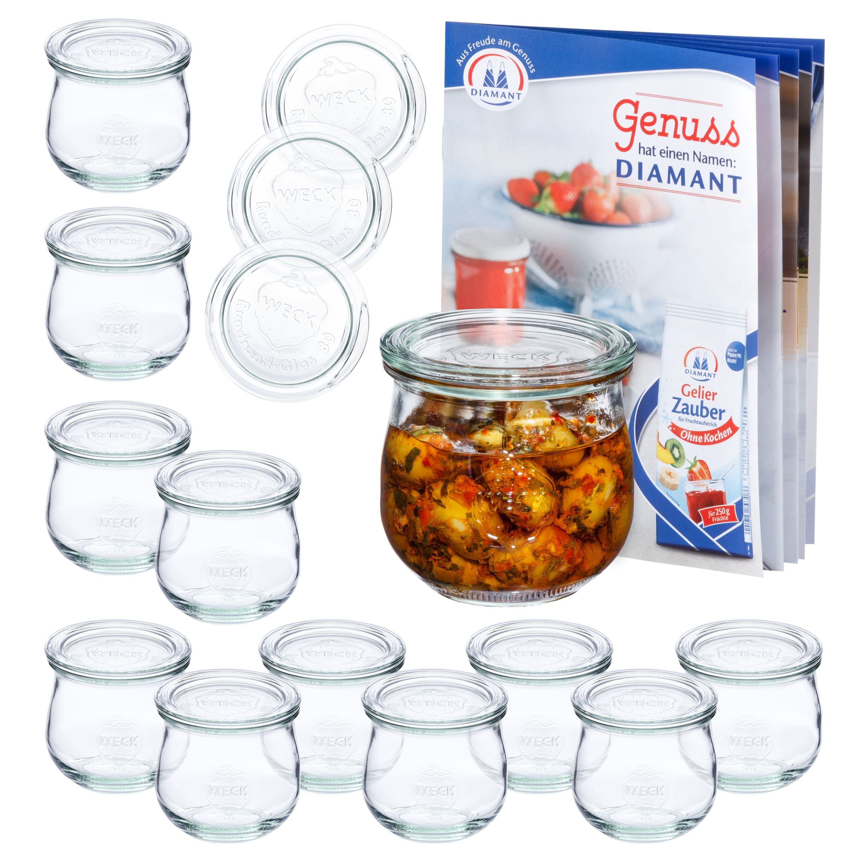 MamboCat Einmachglas 12er Set Weck Gläser 370ml Tulpenglas mit 12 Glasdeckeln inkl Rezeptheft