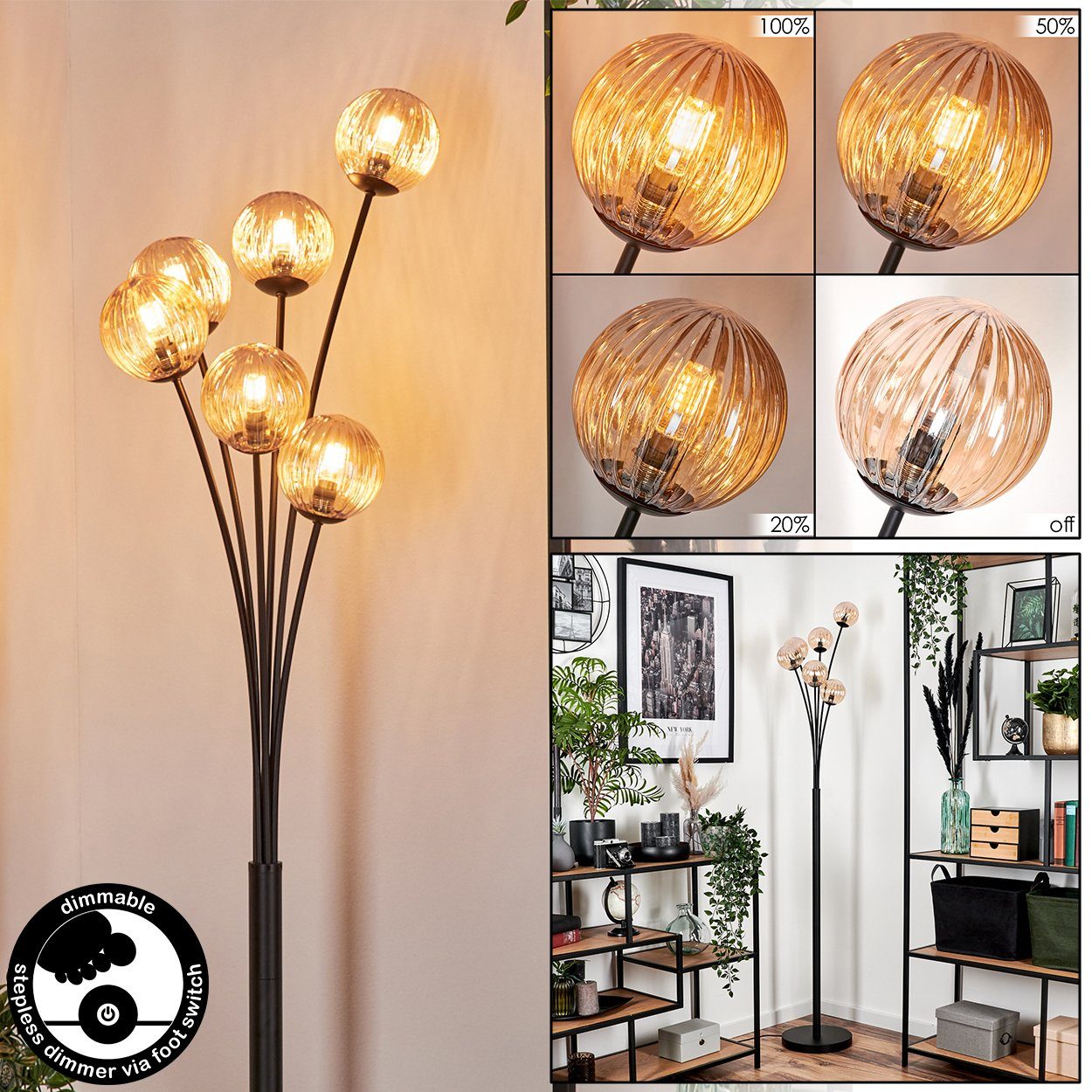 Hofstein Stehlampe Stehlampe Aus Metallriffelglas In Schwarzbernstein
