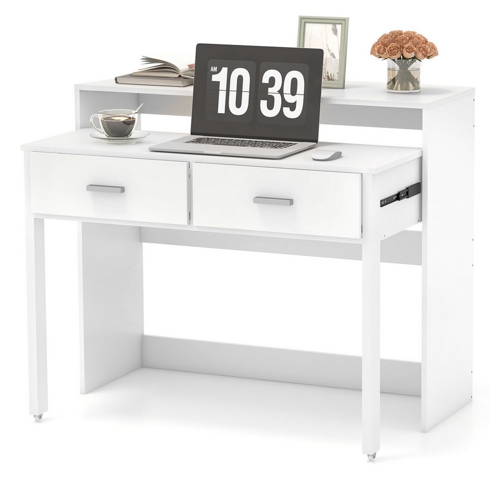 Costway Schreibtisch Ausziehbar Mit 2 Schubladen Monitorablage And Rollen