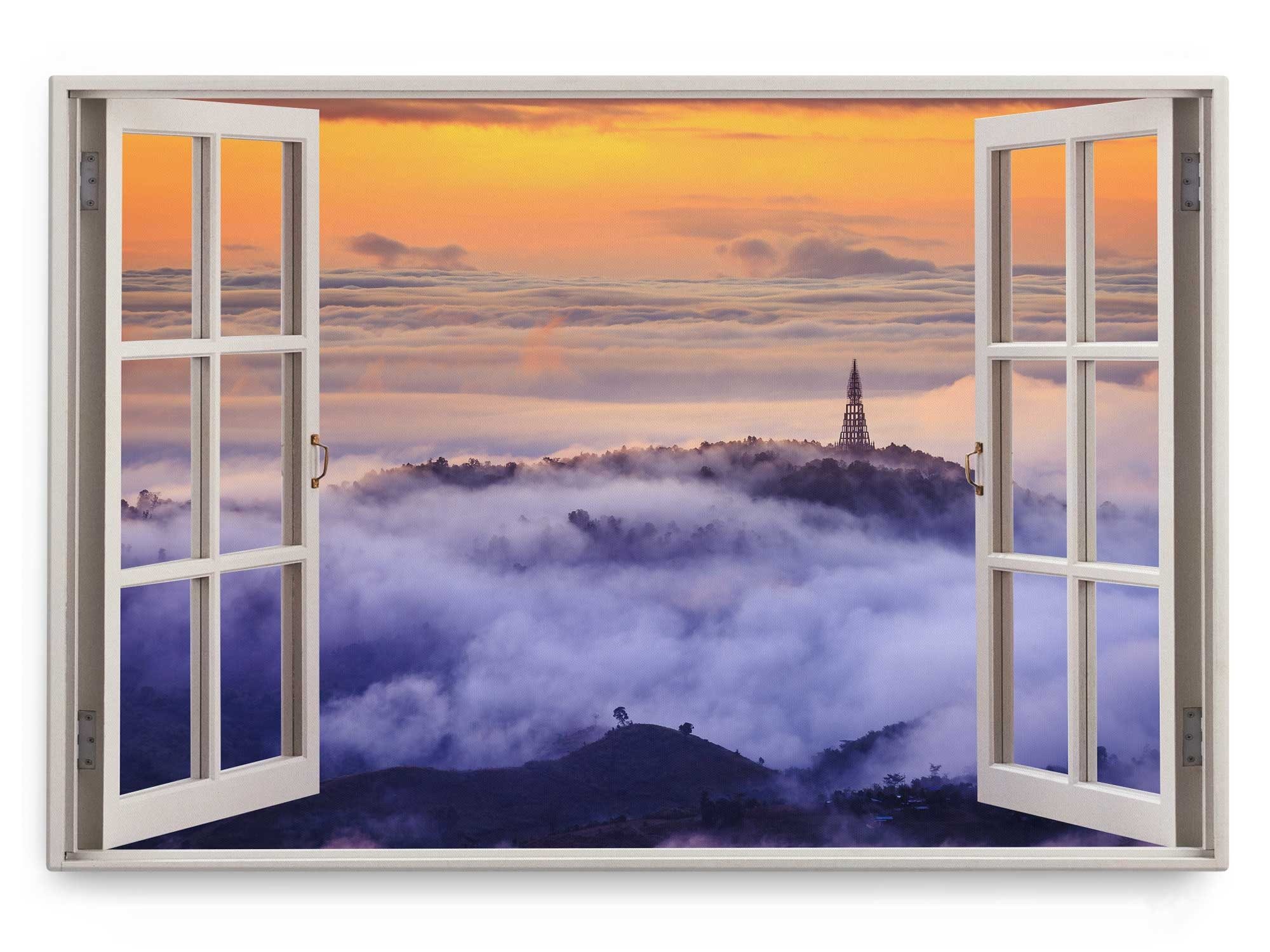 Sinus Art Leinwandbild Wandbild 120x80cm Fensterbild Über den Wolken Berge Sonnenuntergang ro ...