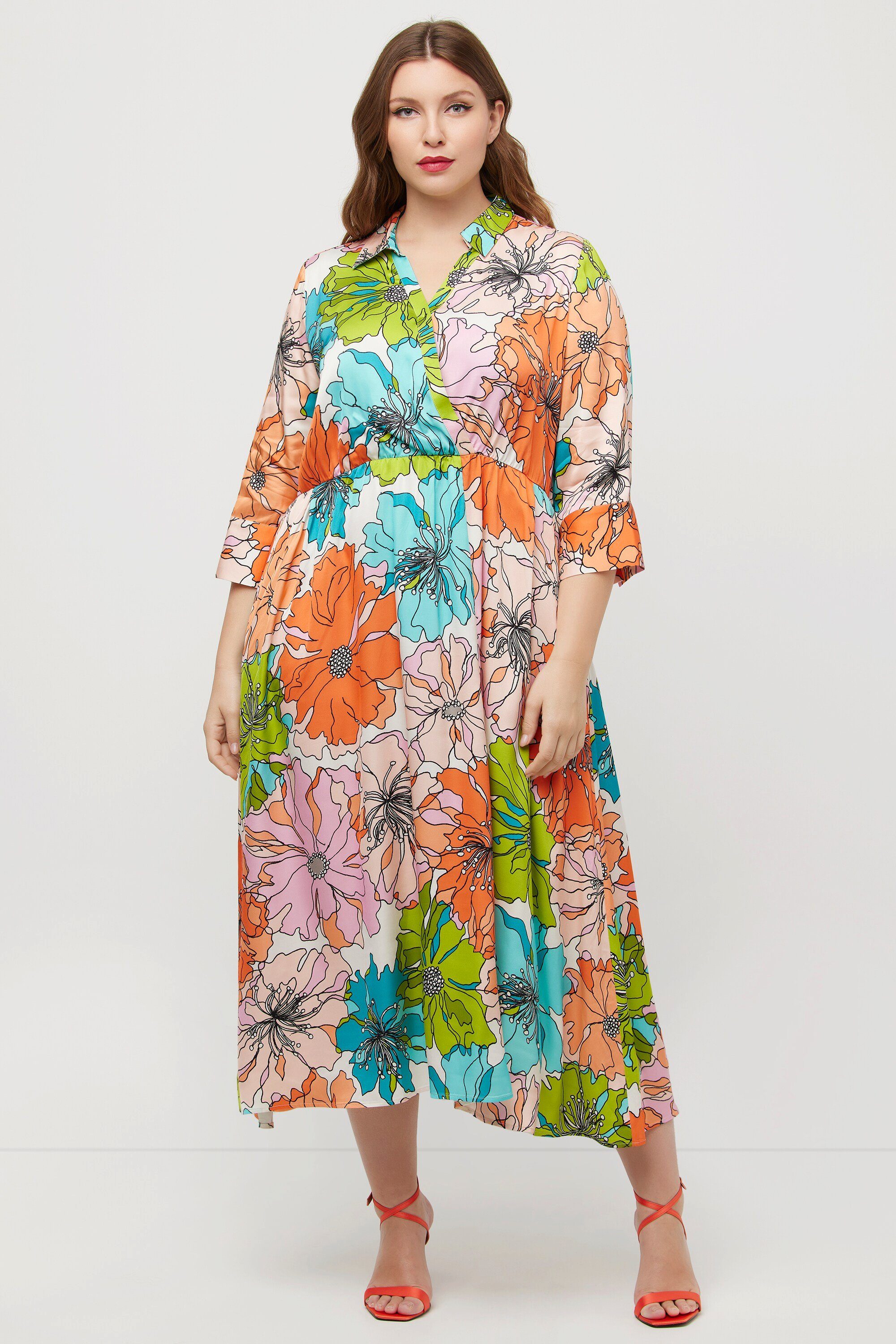 Ulla Popken Sommerkleid Midikleid Blüten Design Hemdkragen 34 Arm