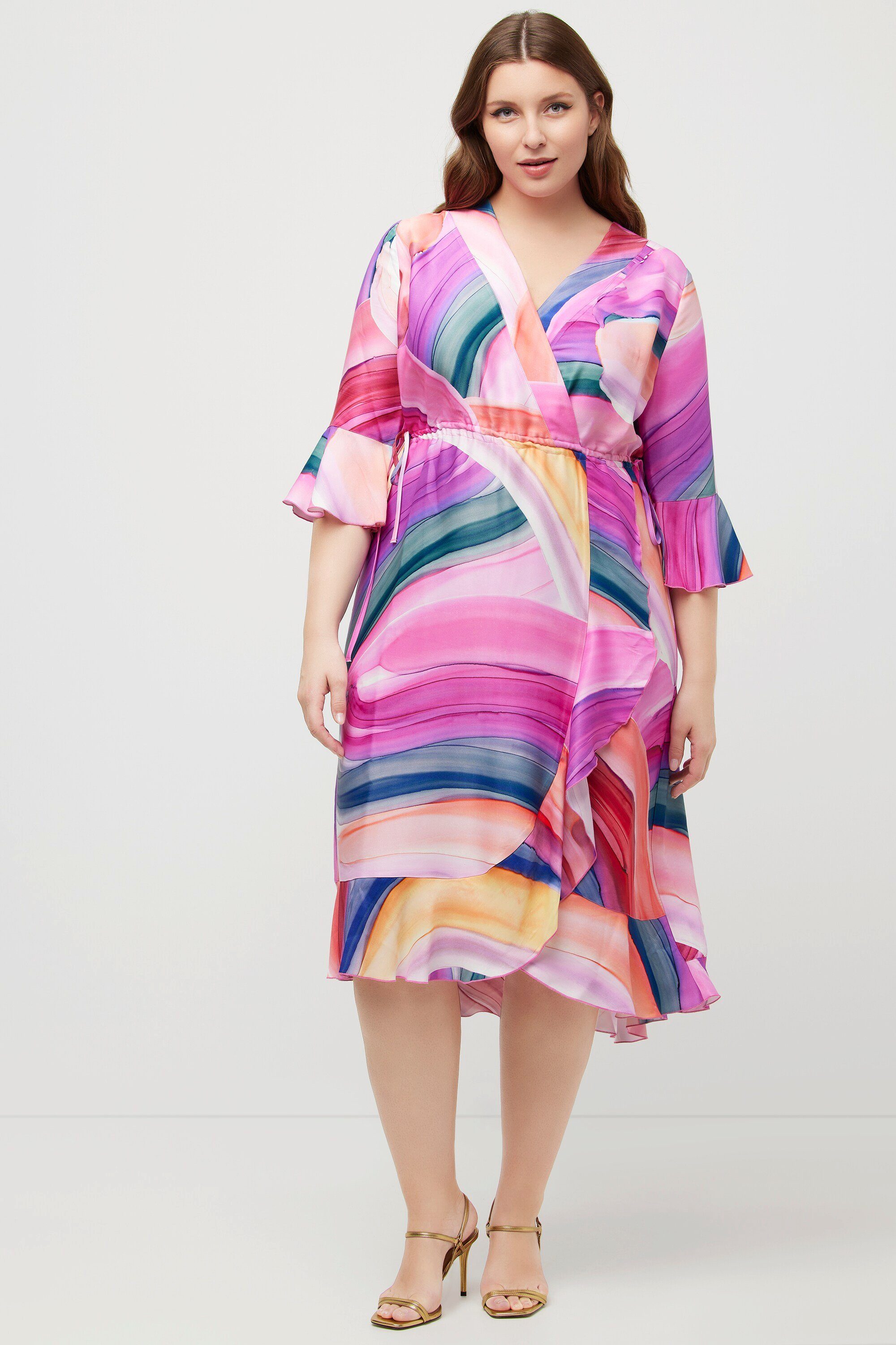 Ulla Popken Jerseykleid Midikleid Regenbogen Volants V Ausschnitt 3 4