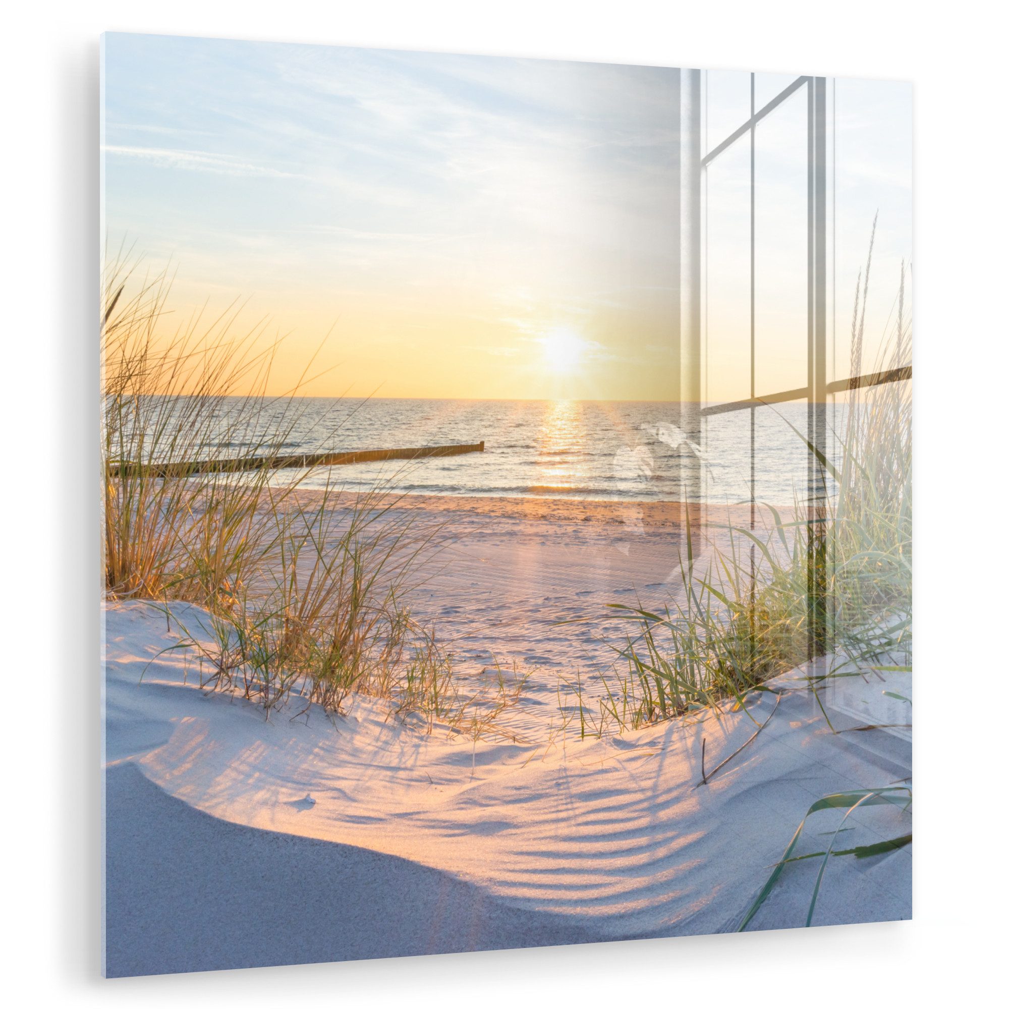 MuchoWow Acrylglasbild Strand - Sonne - Düne - Gras - Sand - Horizont, Inkl. Aufhängung, Bilder ...