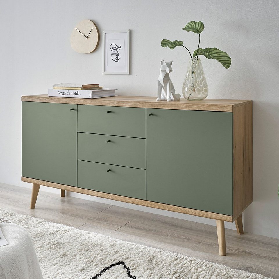 Lomadox Sideboard Avezzano 61 Evoke Eiche Nb Mit Grün 2 Türen 3