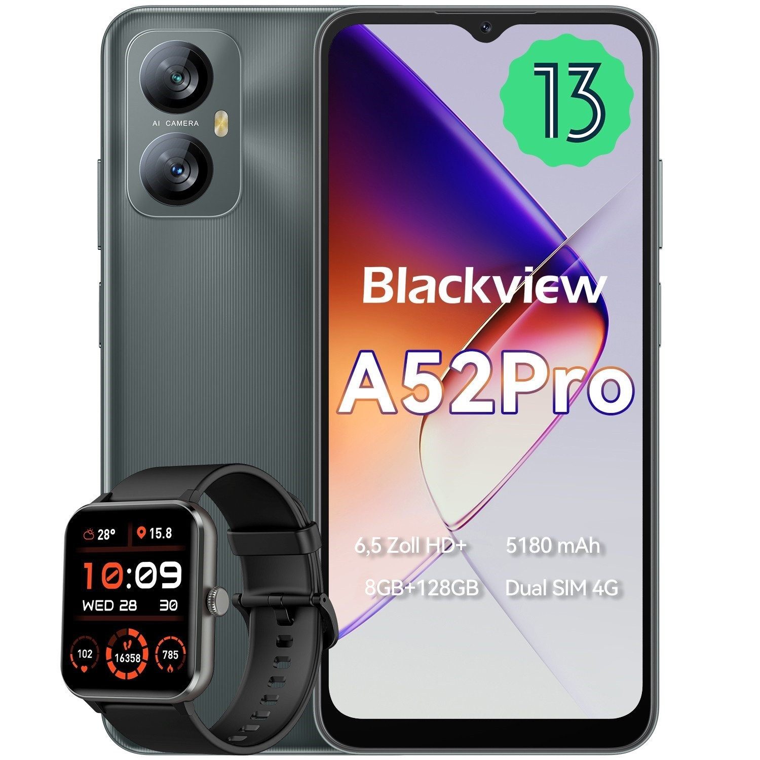 blackview A52Pro(4+128) incl. R50 Smartphone (6.5 Zoll, 13 MP Kamera, Fingerabdruck, Dual SIM 4G ...