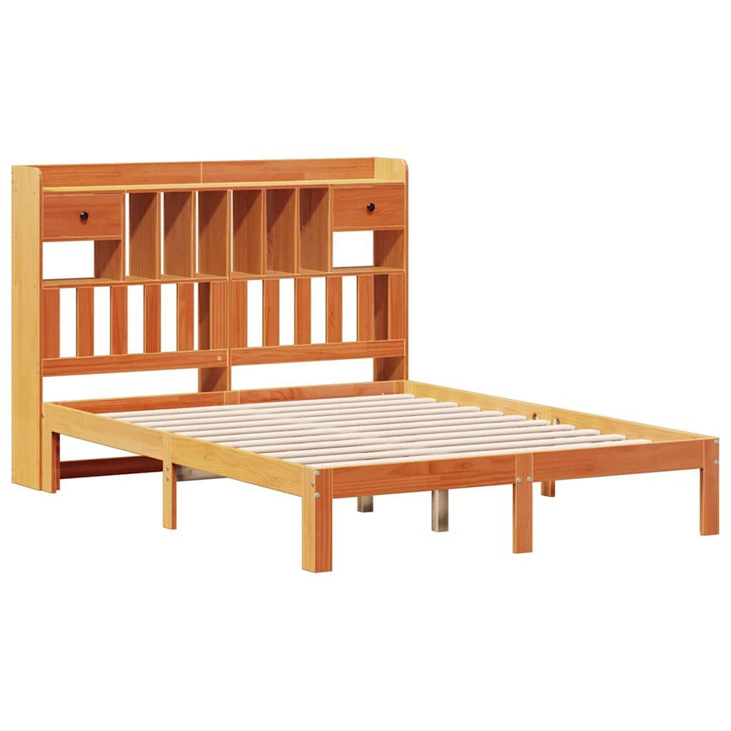vidaXL Bett Massivholzbett mit Regal ohne Matratze Wachsbraun 140x200 cm