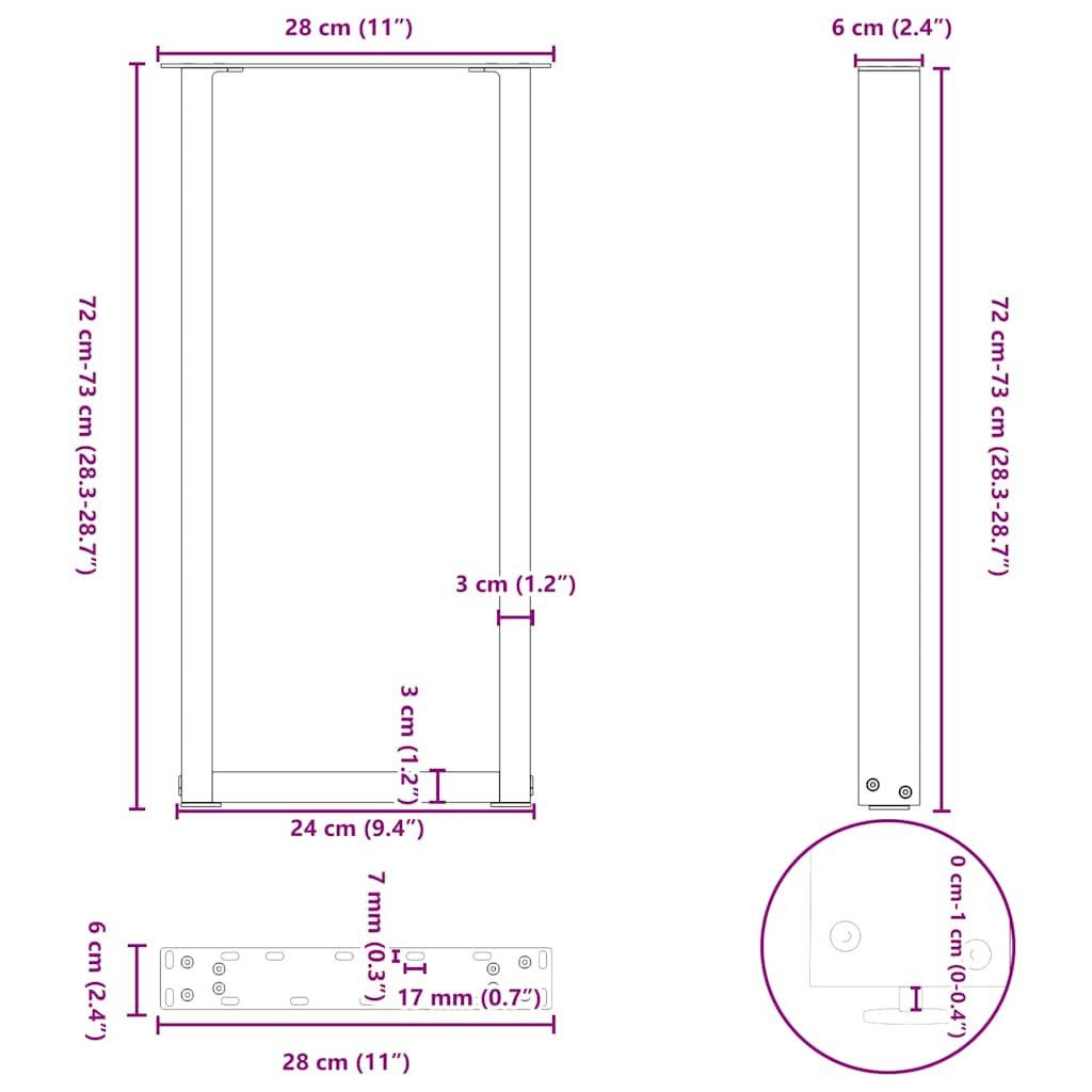 vidaXL Tischbein Konsolentischbeine U-Form 2 Stk. Schwarz 28x(72-73) cm ...