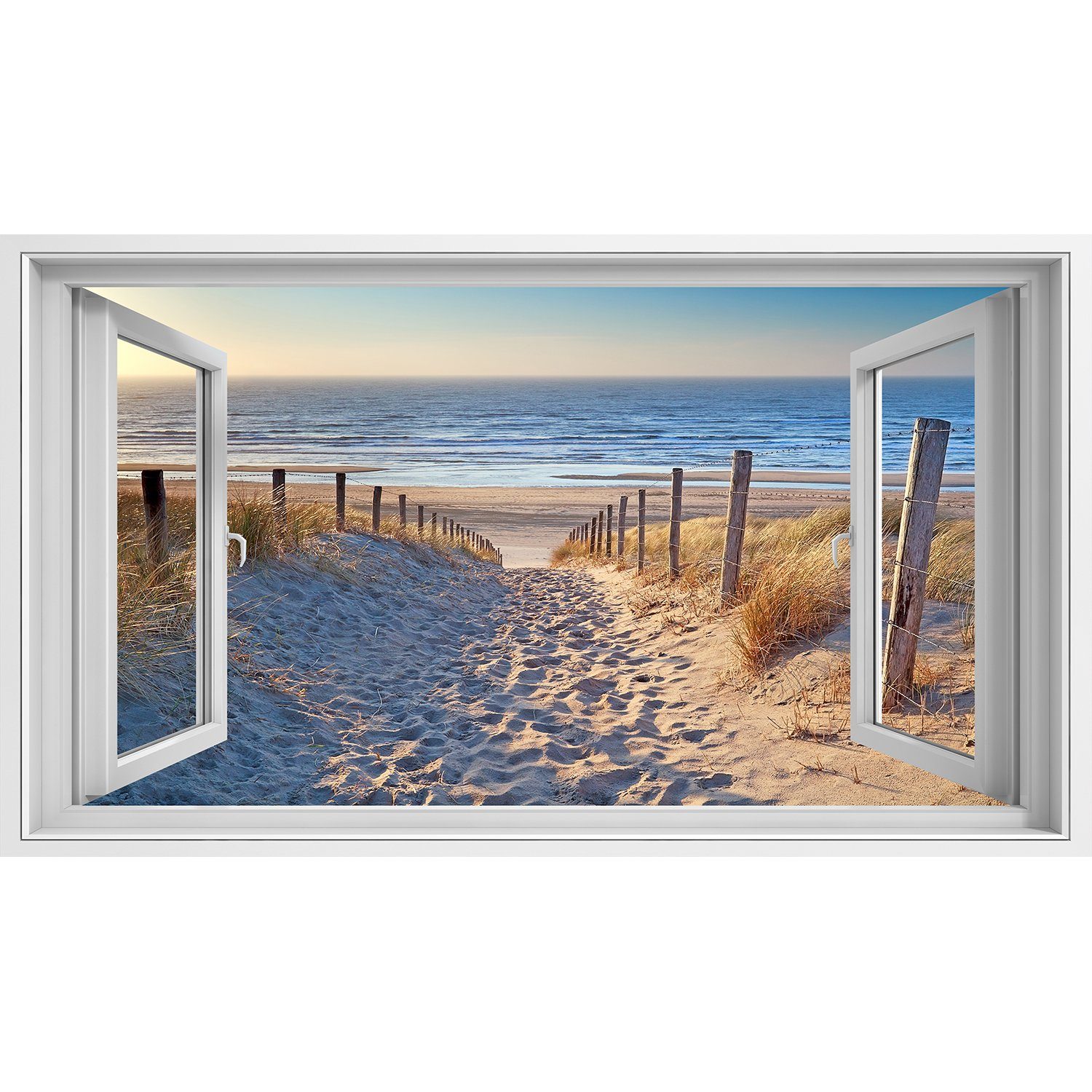 islandburner Leinwandbild Fensterblick Weg zum Nordseestrand im goldenen Sonnenuntergang Sonnens