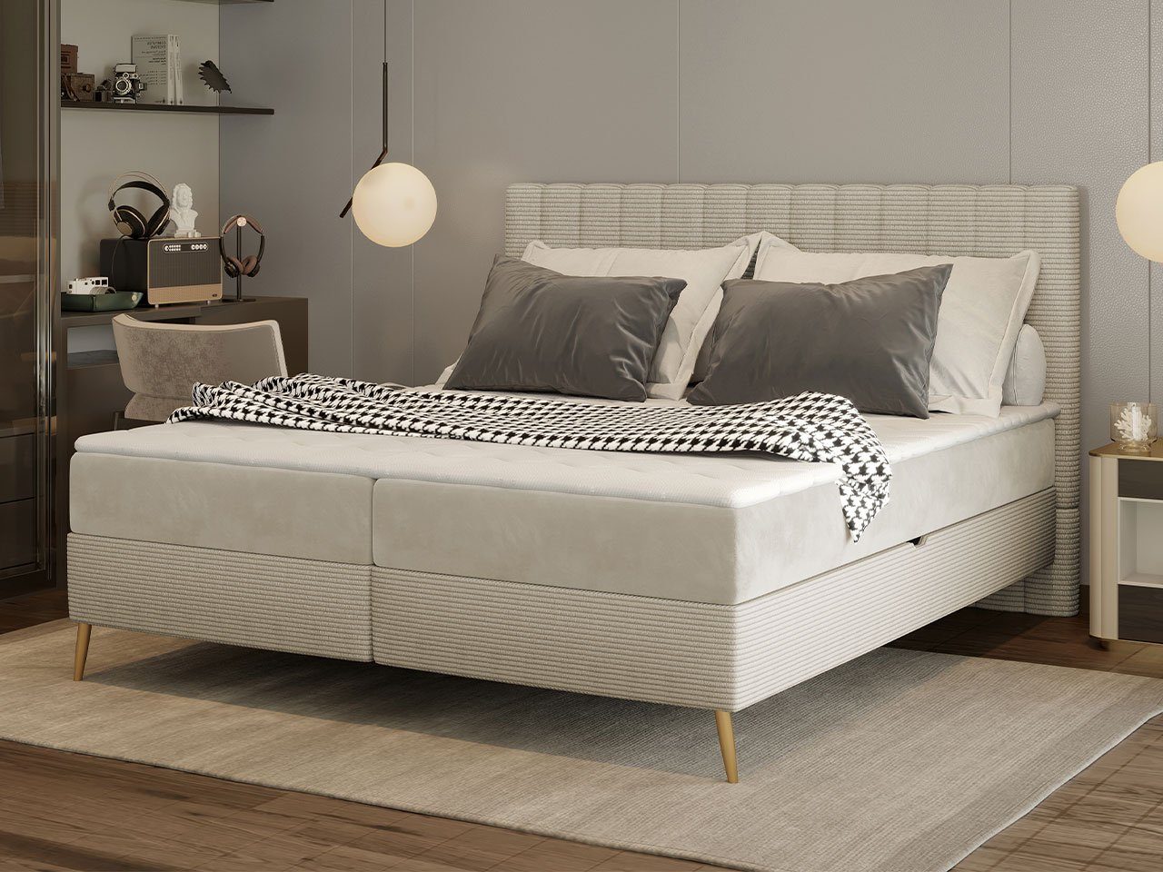 Mirjan24 Boxspringbett Cindy Cord Mit Hauptmatratze Topper Gold Füße